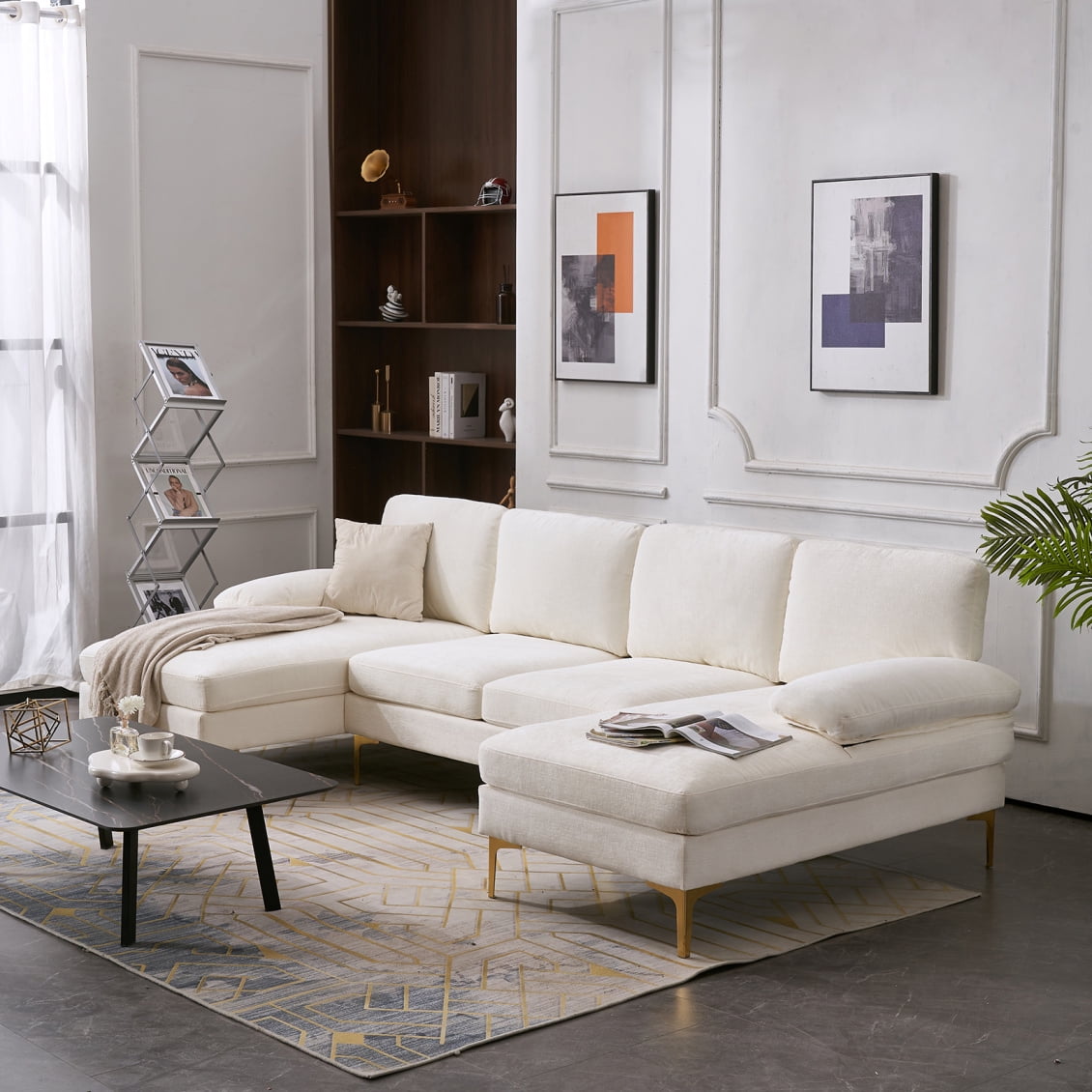 113" U-Shaped Modular Sofa, 4-Seat Chenille Fabric Convertible ...