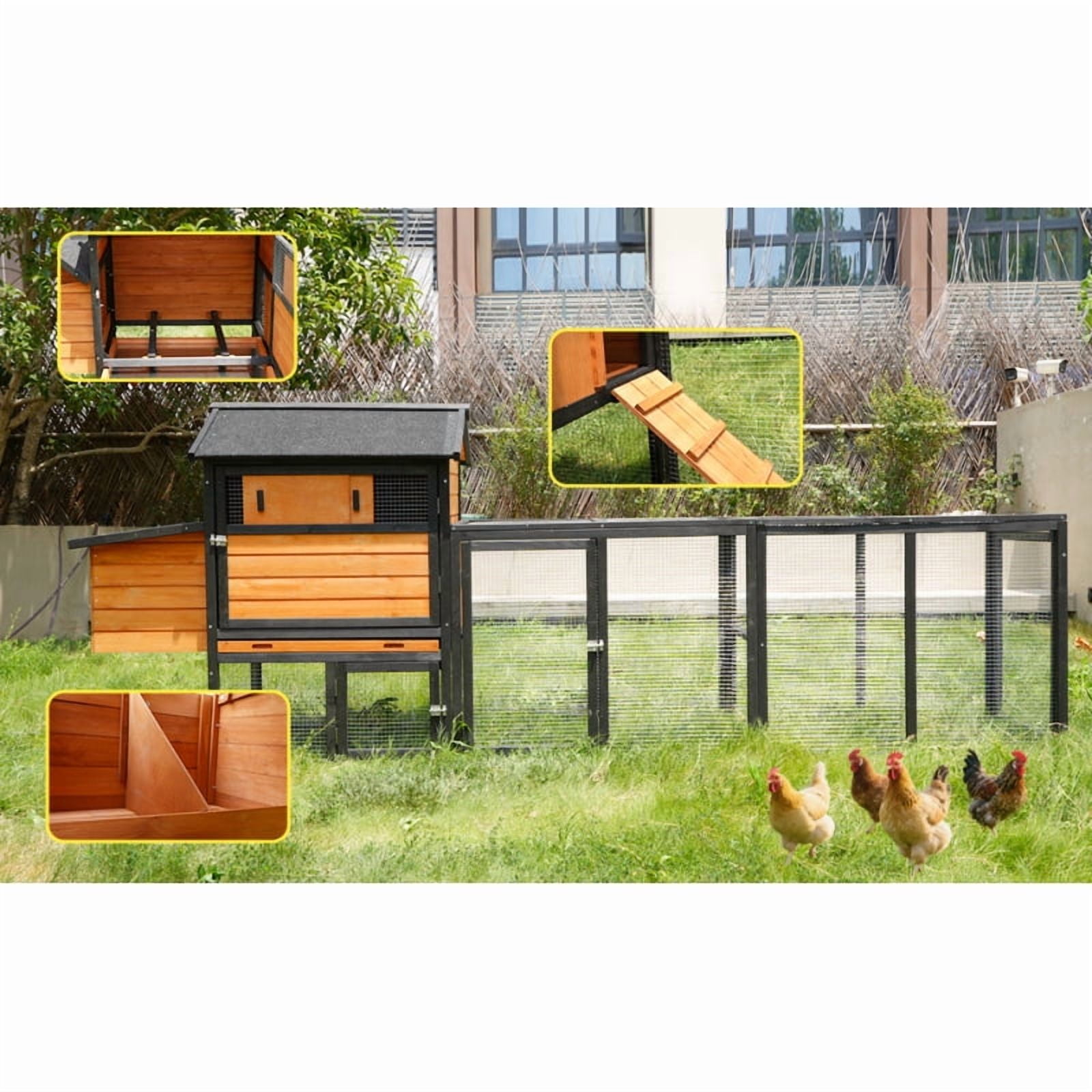 113" brown+black Wooden Chicken Coop, Large Outdoor Hen House with Run ...