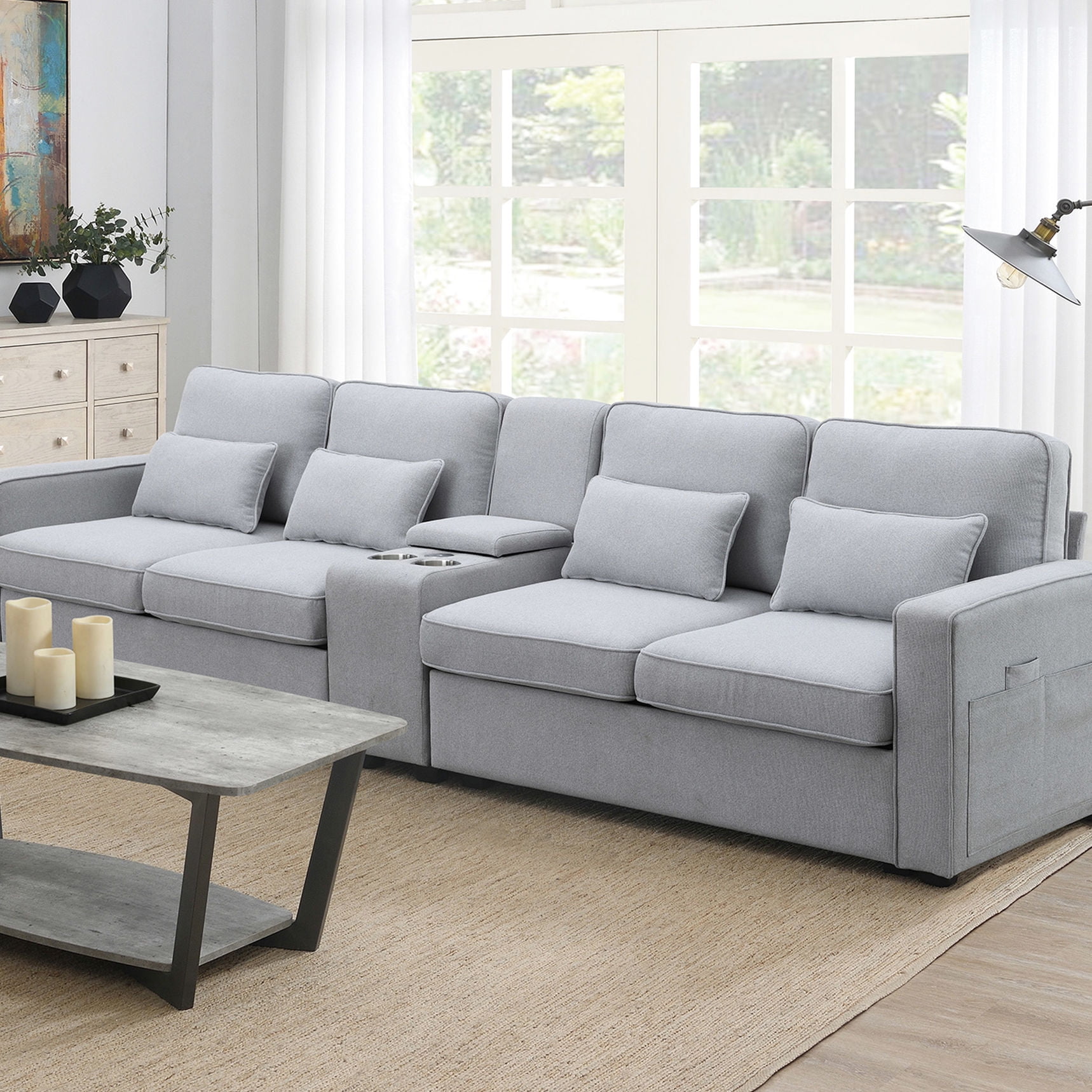114.2" 4-Seat Linen Sofa with Console & Storage / Wired/Wireless ...