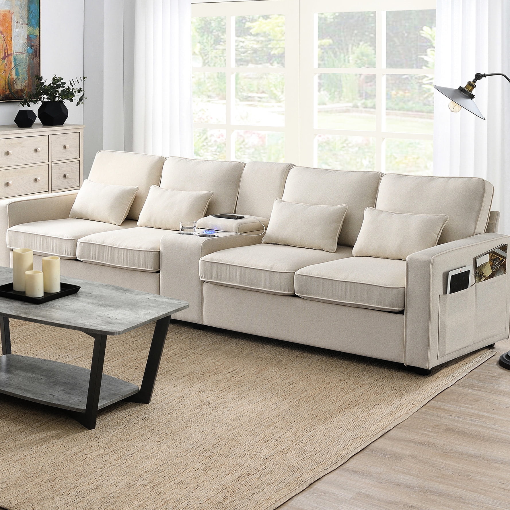 114.2" Linen Upholstered - Wired/Wireless Charging & Ample Storage ...