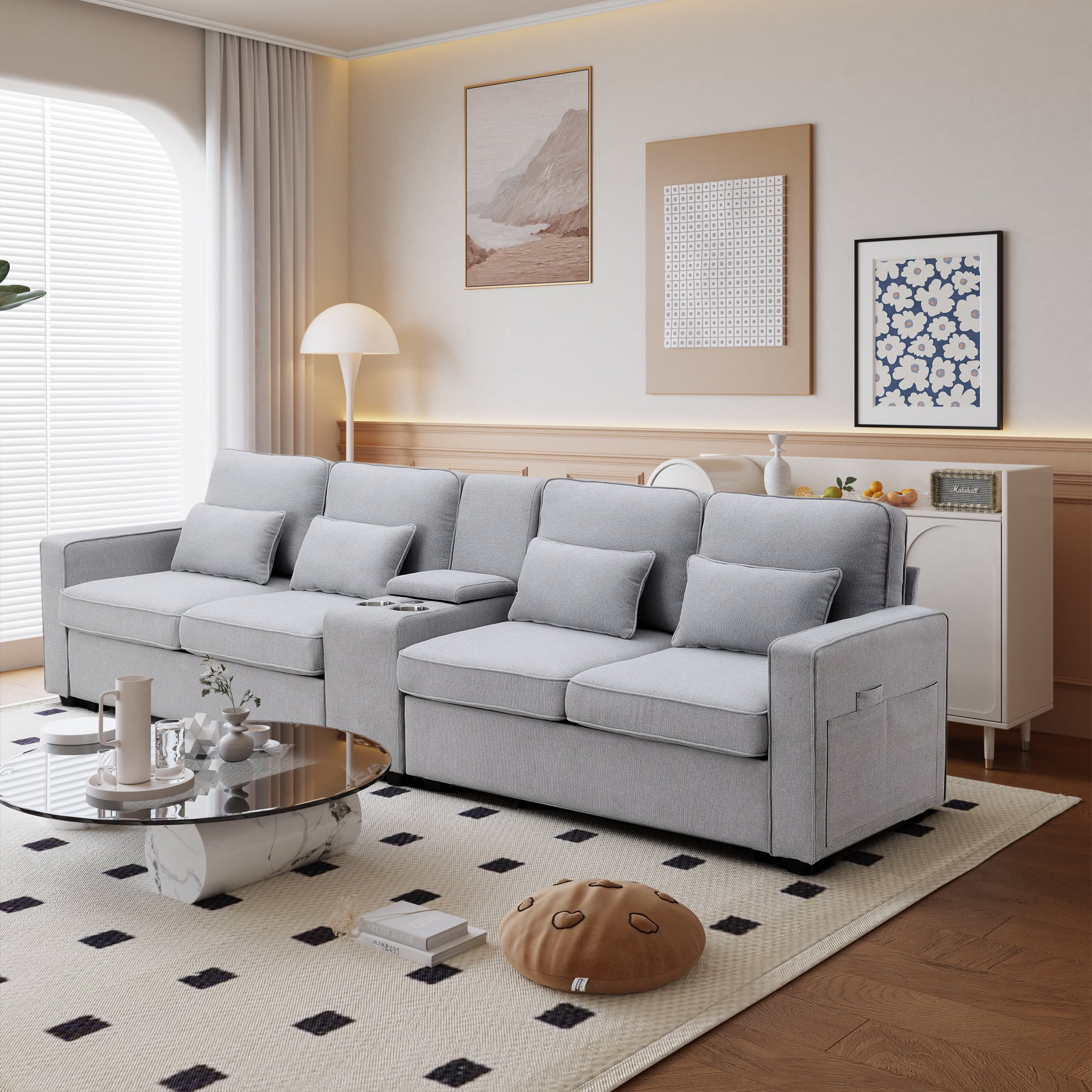"114.2"" Light Grey Modular U-Shaped Sofa: 4-Seater, Upholstery ...
