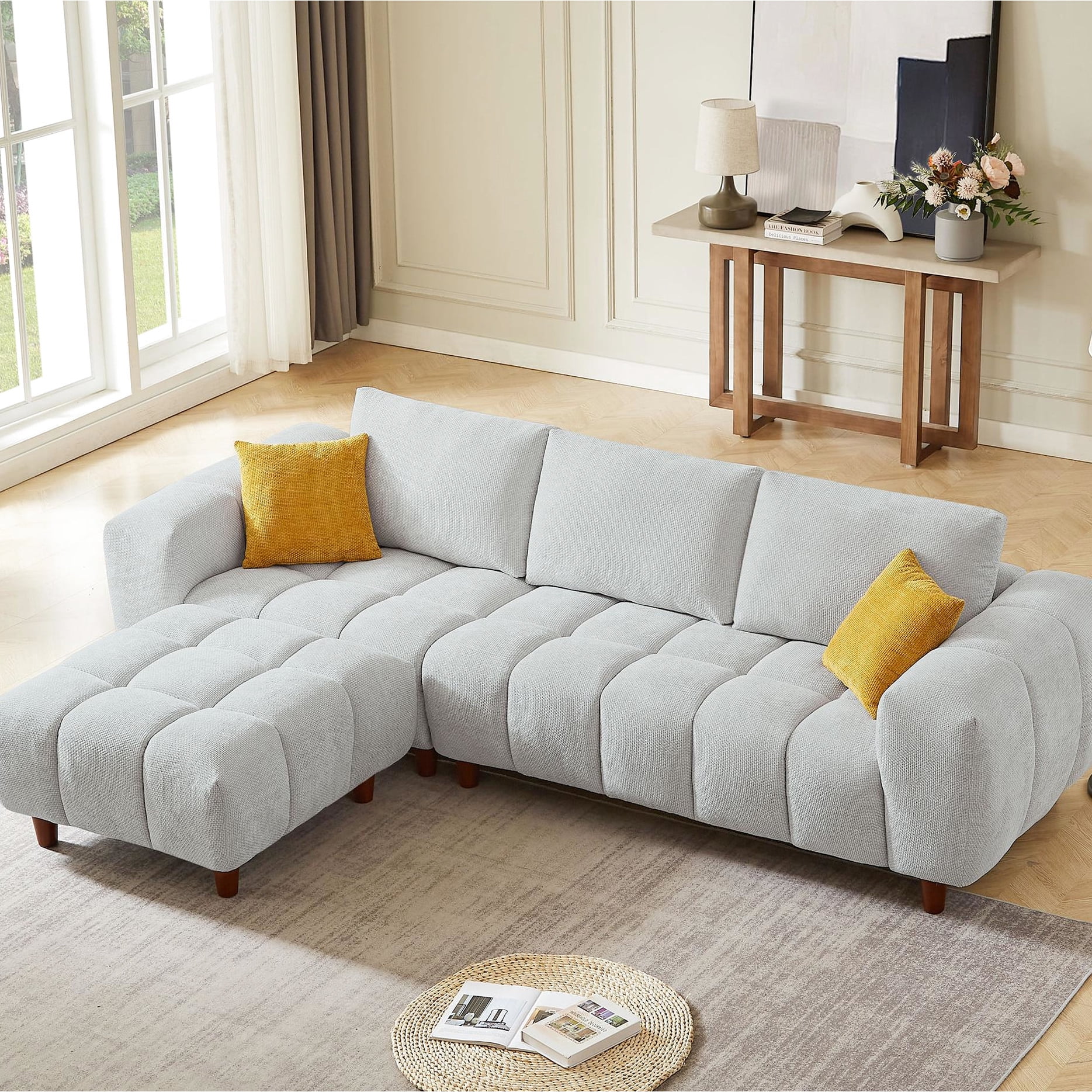 114.93 Inch Sectional Couch, Grey, Modern Living Room & Office Furnishing, Fabric Surface, Wood ...