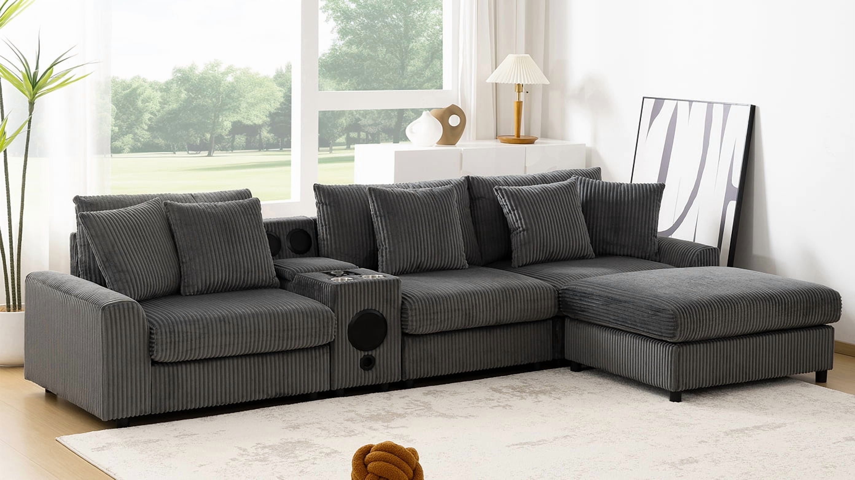 114" Dark Gray Corduroy Sectional Sofa with Bluetooth Speakers, Console ...