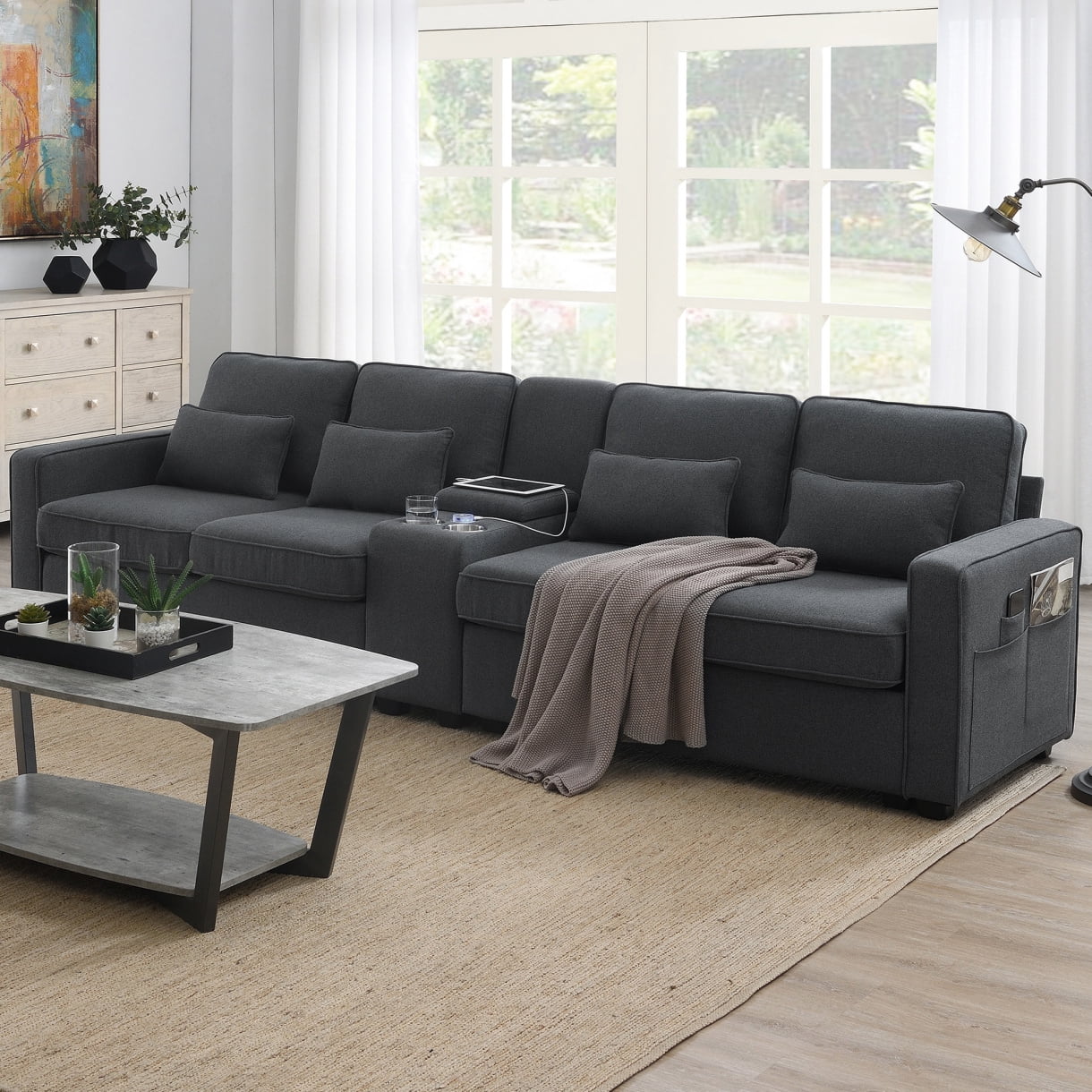 114" Modular Sectional Sofa with Console, Upholstered 4 Seater Cloud ...