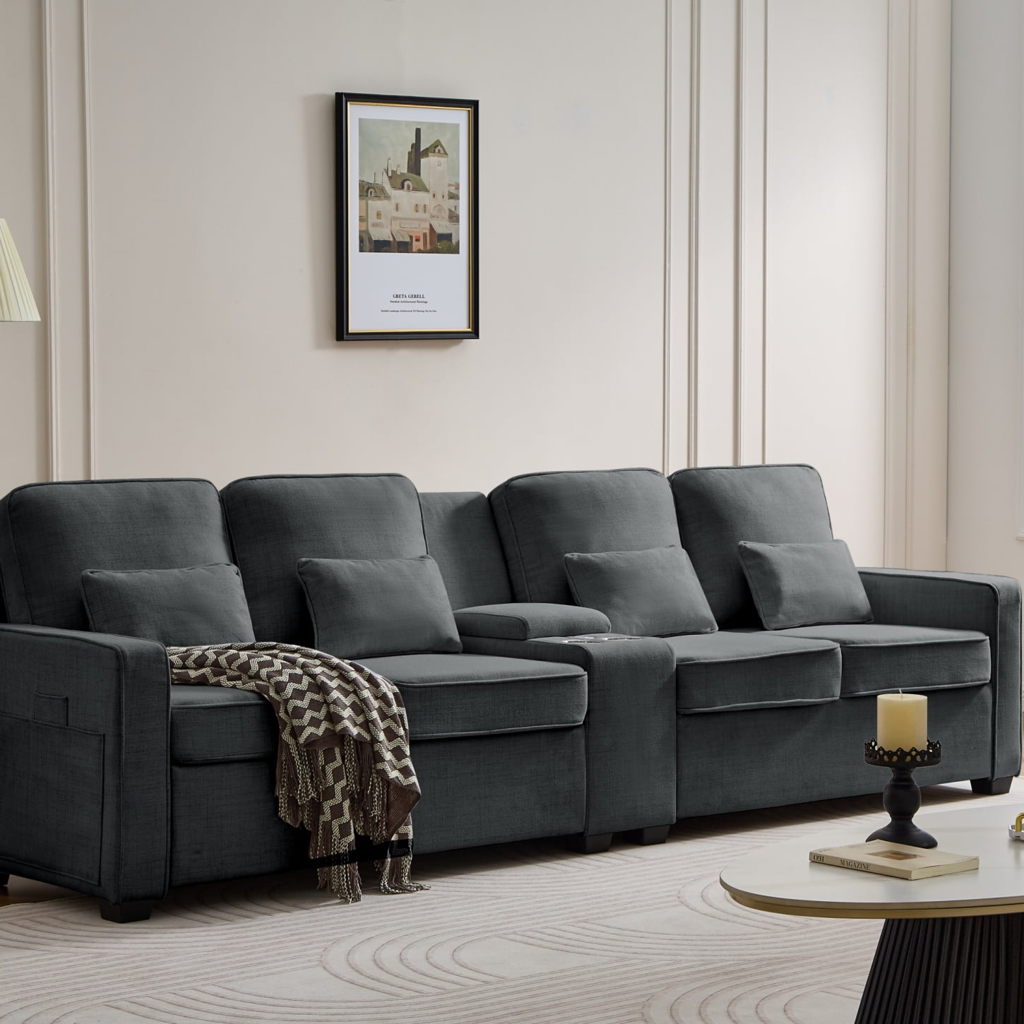 114" Upholstered 4 Seat Sofa with Console and Storage, Modern Linen ...