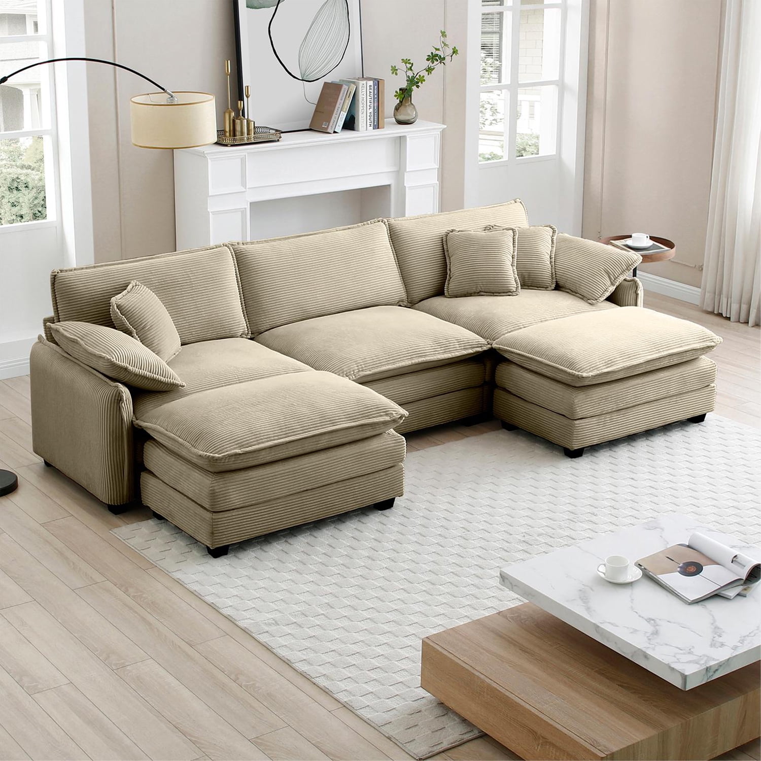 115.34" Large Sectional Couches for Living Room, Camel Deep Seat 3 Seater U Shaped Corduroy ...