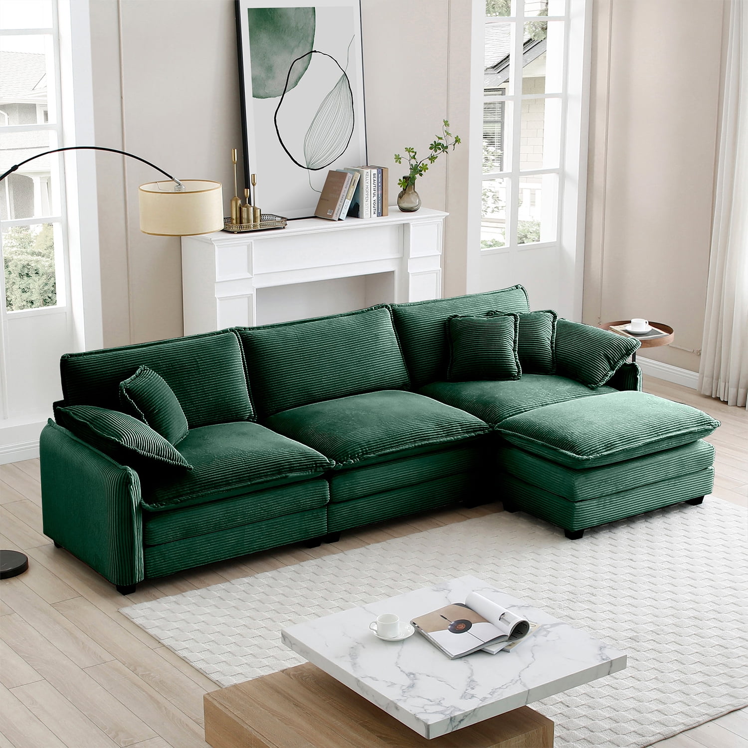 115.34" Large Sectional Couches for Living Room, Green Deep Seat 3 Seater L Shaped Corduroy ...