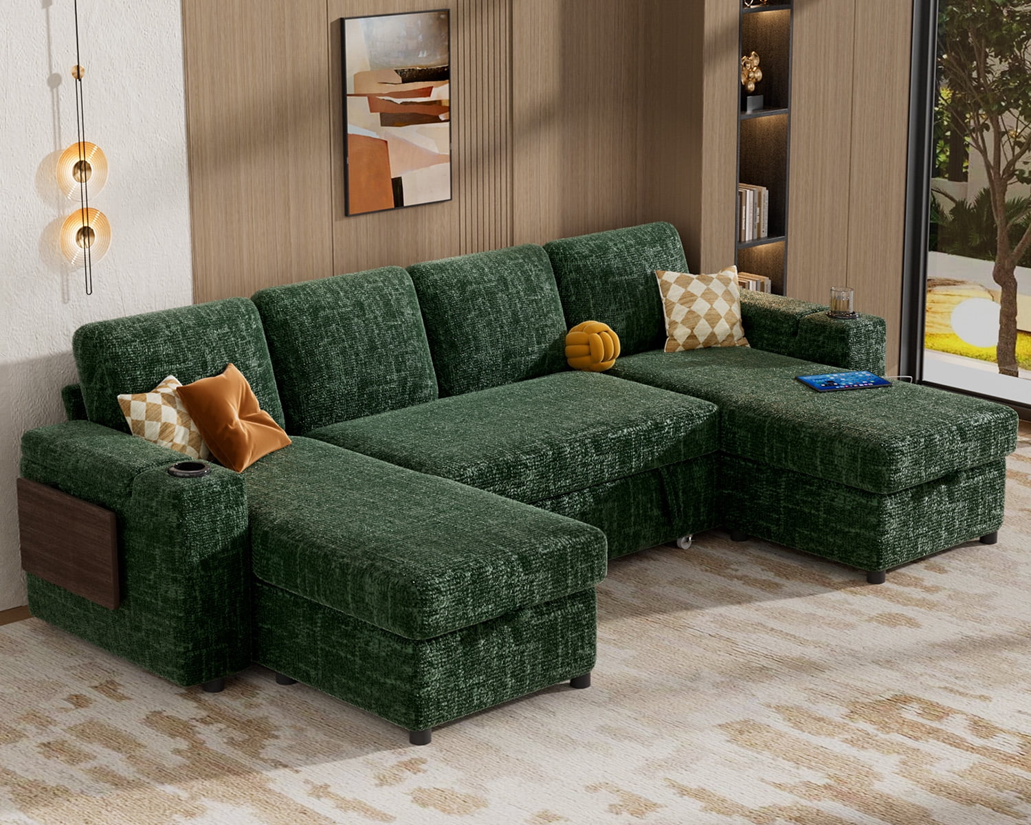 115" Modular Sectional Sleeper Sofa with Pull Out Bed, 4 Seat Plush U ...