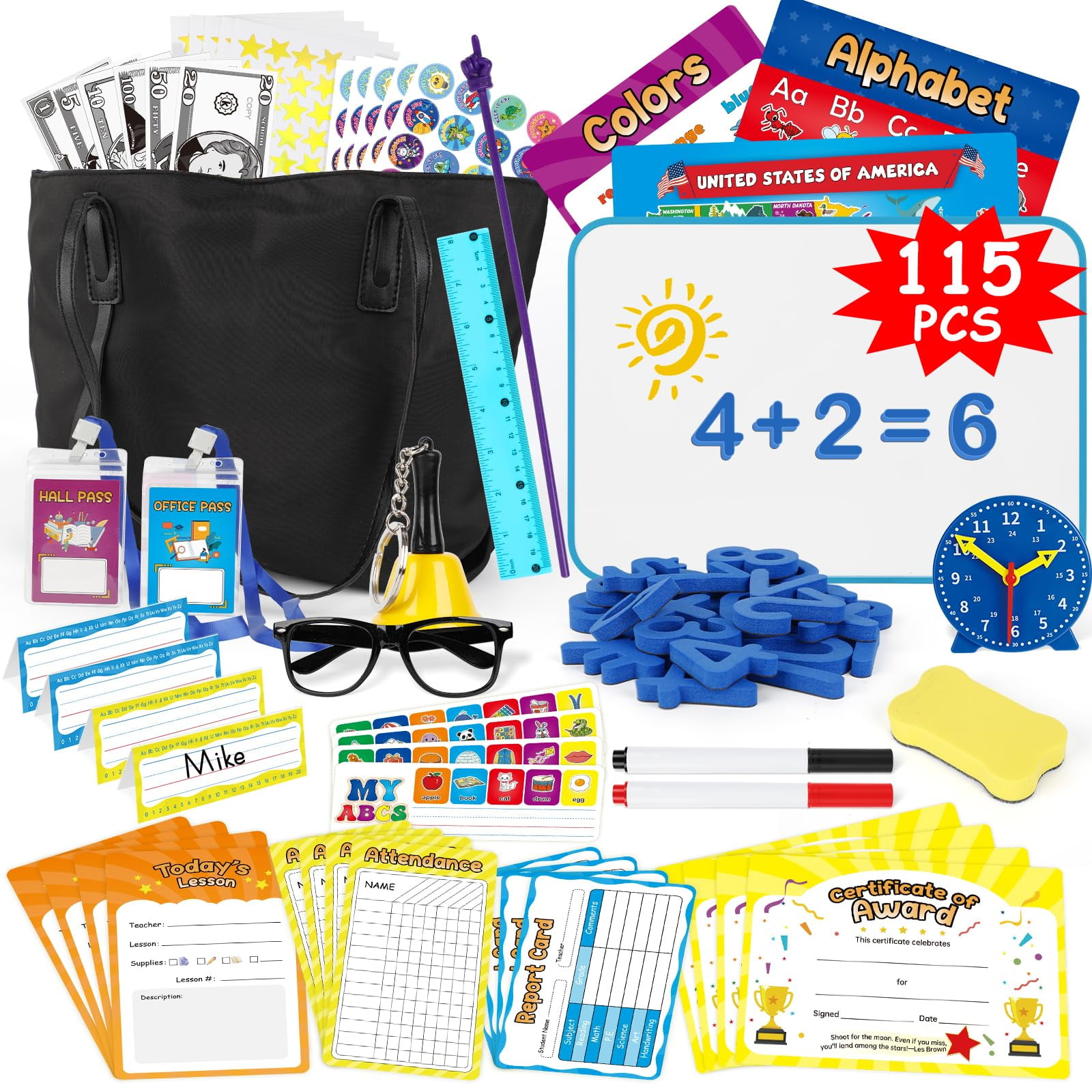 115 Pcs Pretend Play Teacher Set For Kids, With Magnetic Numbers, Bell ...