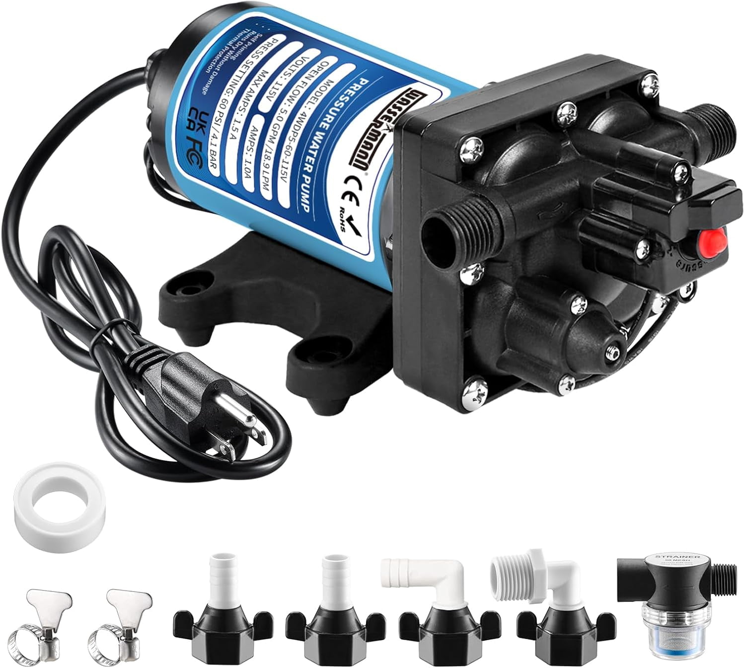 115 Volt AC 5.0GPM 60PSI Water Pressure Pump, Self Priming Diaphragm ...