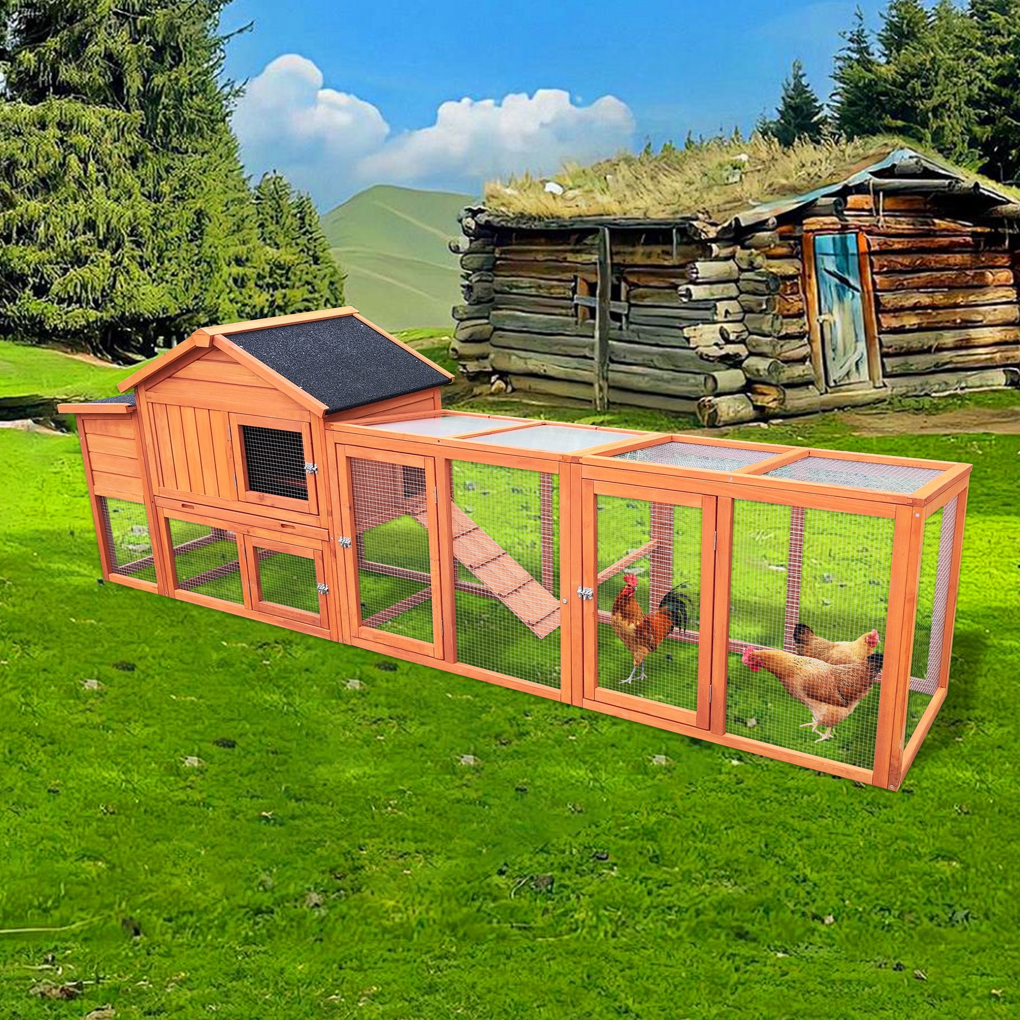 115" Wooden Chicken Coop, Large Outdoor Hen House with Run for 2-6 ...
