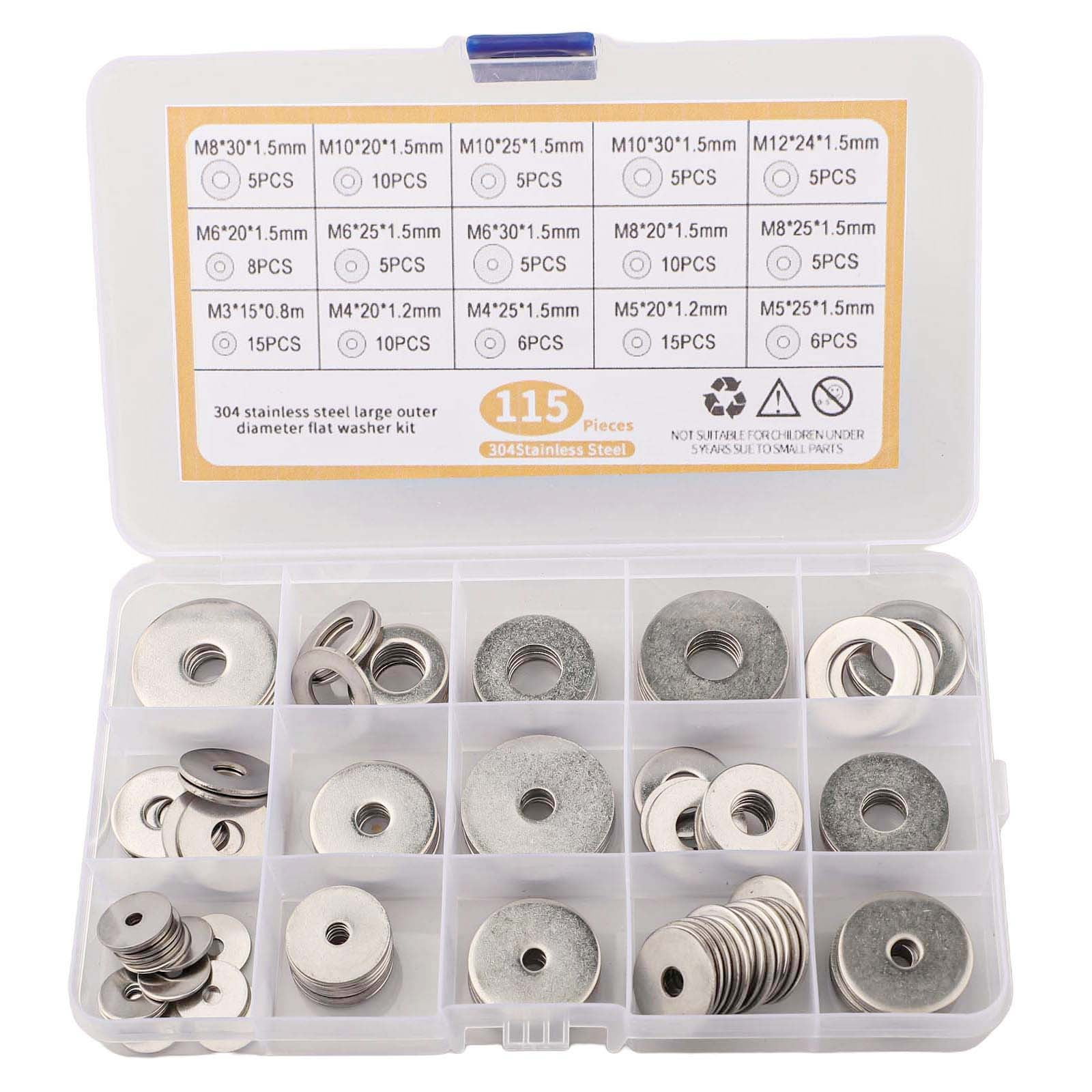 115pcs Flat Washers 304 Stainless Steel Washer 15 Size Washer Gasket ...