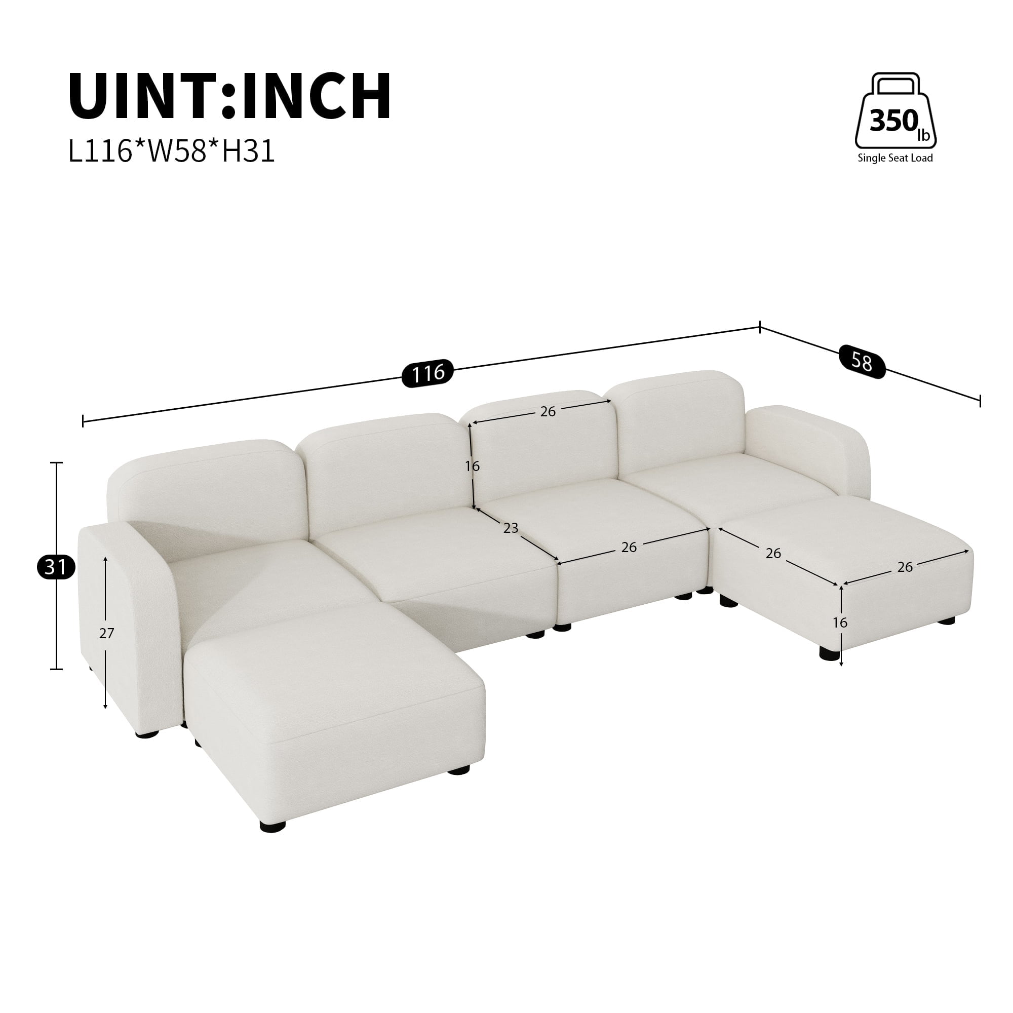 116*58" Velvet Modular Sectional Sofa,U Shaped Reversible Couch Set,Free Combination,6 Seat ...