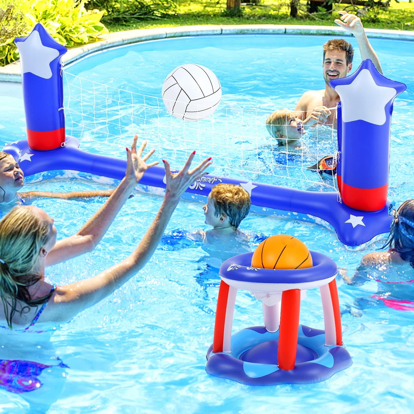 116" Large Inflatable Pool Volleyball Net & Basketball Hoop with 2 ...