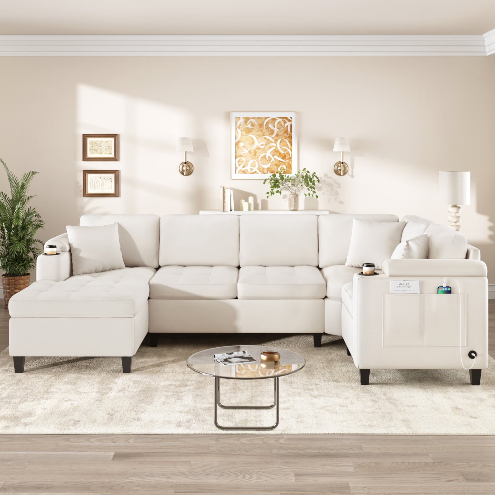 116" Modular Sectional Sofa with USB Ports, U-Shaped Cloud Couch with ...