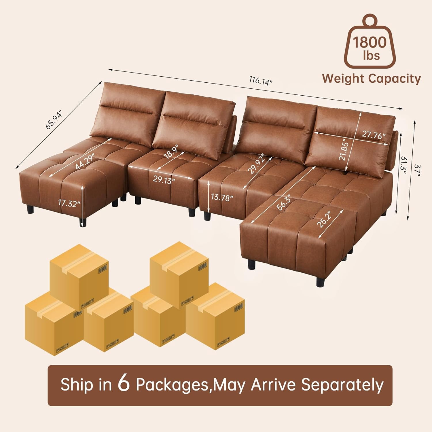 116" U Shaped Couch, Oversized Sectional Sofa, 4- with Adjustable ...