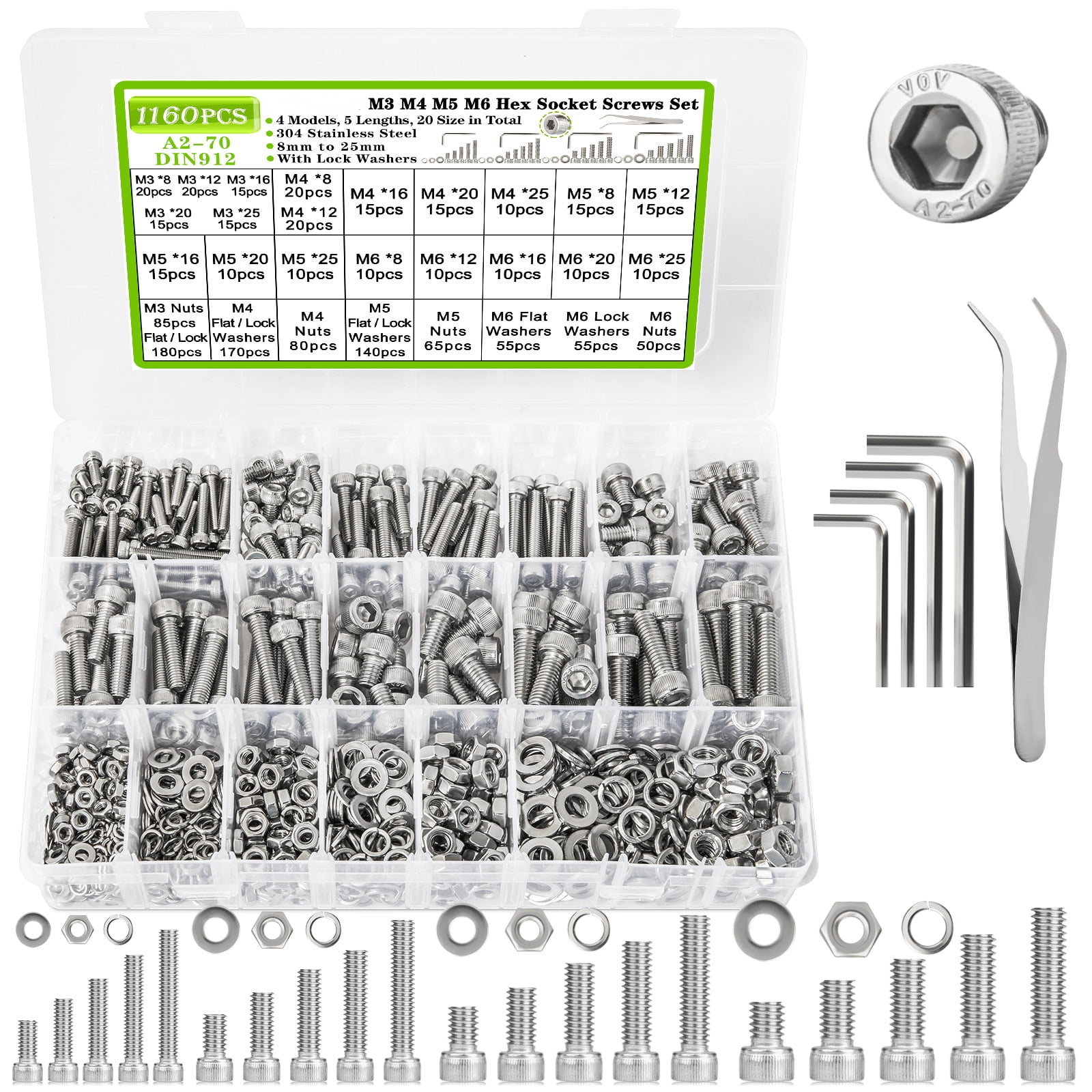 1160Pcs M3/M4/M5/M6 Nuts and Bolts Assortment Kit,304 Stainless Steel Hex Socket Head Cap Metric ...