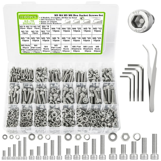 1160Pcs M3/M4/M5/M6 Nuts and Bolts Assortment Kit,304 Stainless Steel Hex Socket Head Cap Metric ...