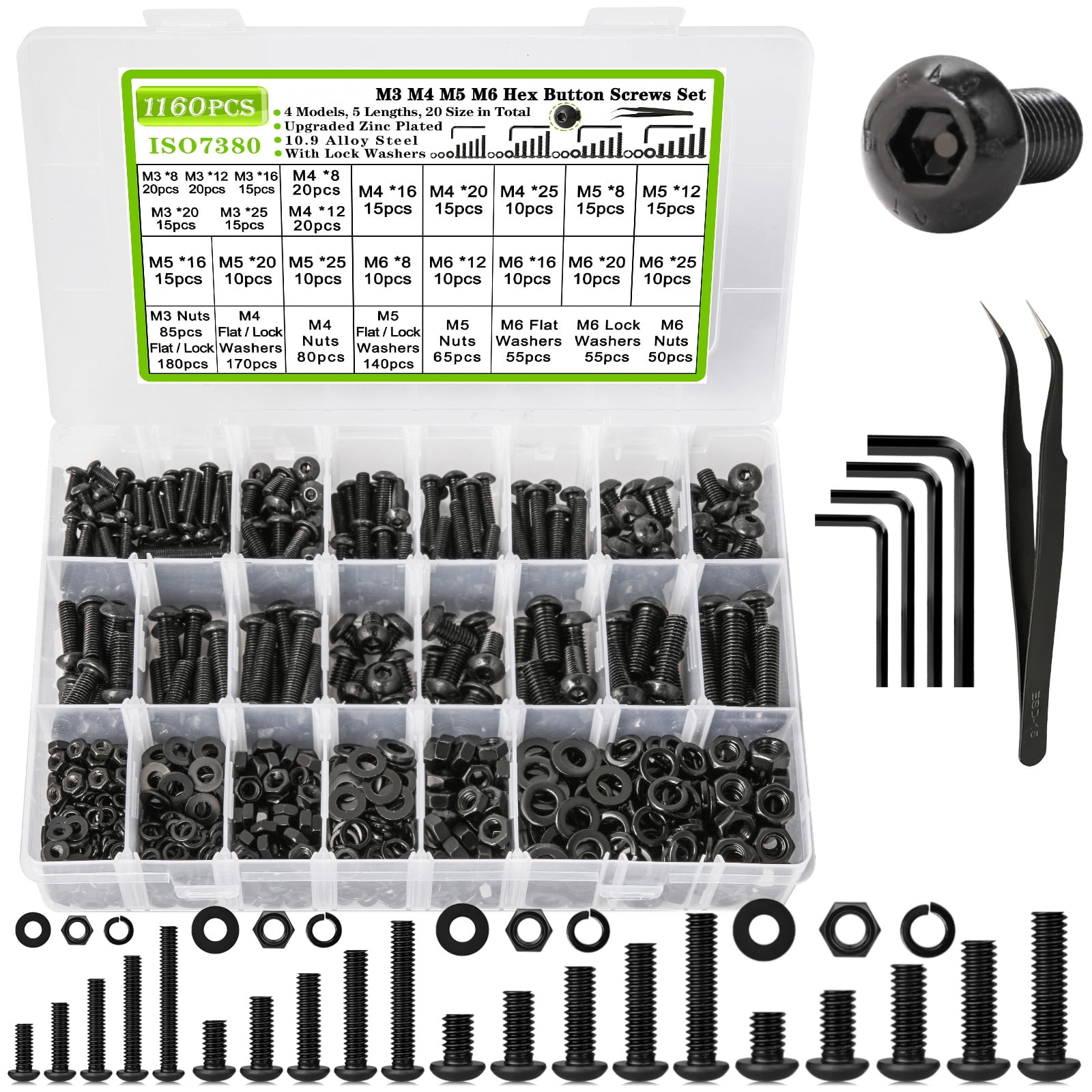 1160pcs M3/M4/M5/M6 Nuts and Bolts Assortment Kit, 12.9 Alloy Steel Hex ...