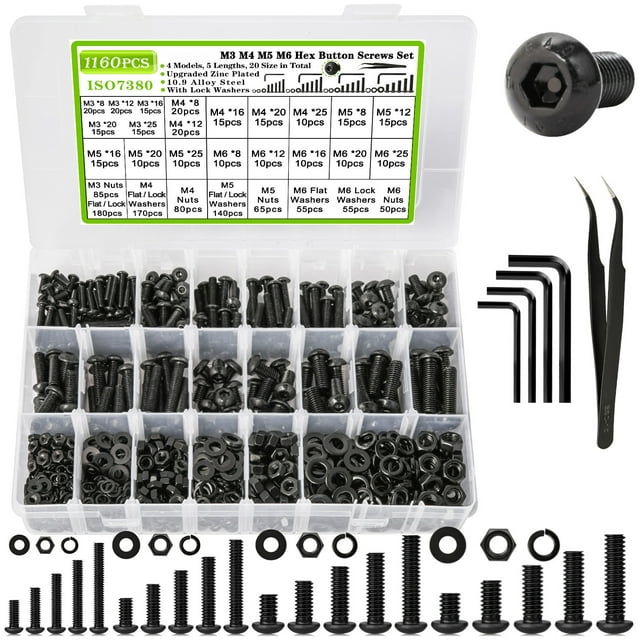1160pcs M3/M4/M5/M6 Nuts and Bolts Assortment Kit, 12.9 Alloy Steel Hex Button Head Cap Metric ...