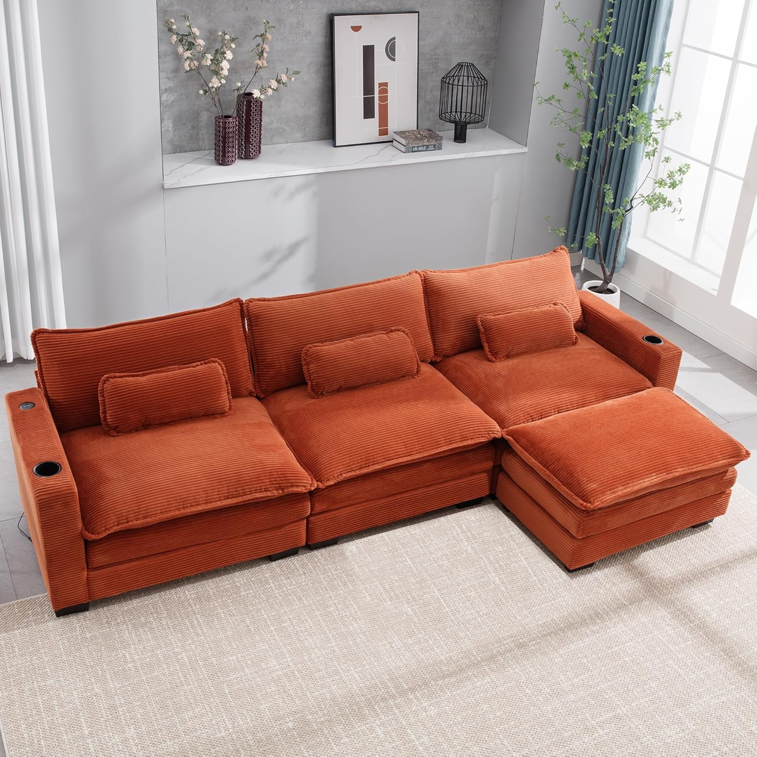 117.7" /82.7 L Shaped Corduroy Sectional Cloud Sofa with Cup Holders ...