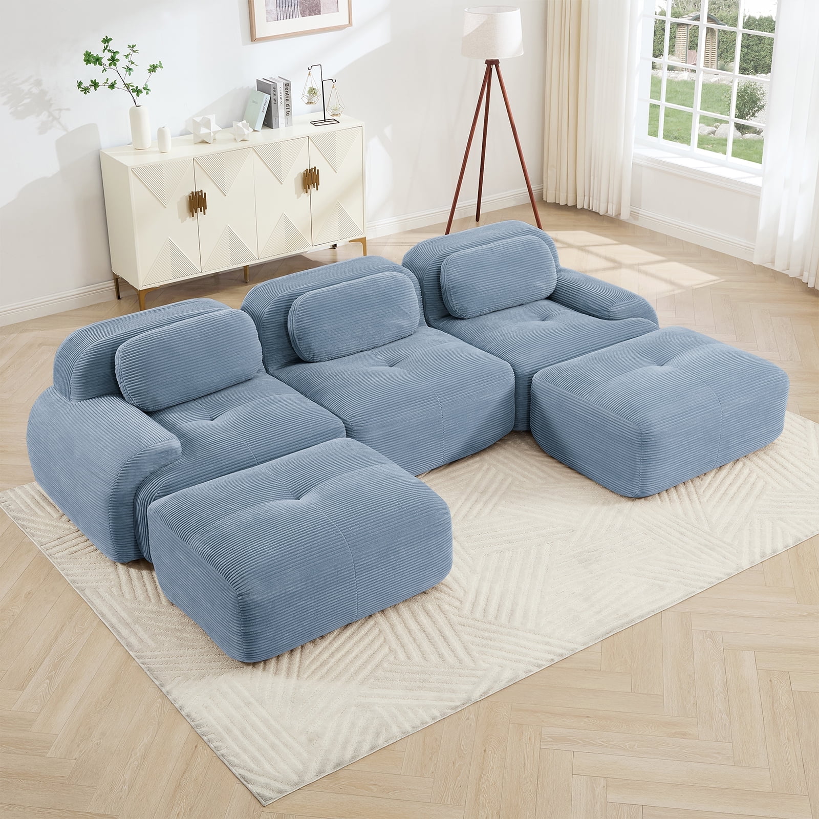 116" Modern Compressed Boneless Couch with Ottoman, 3 Seater Large U ...