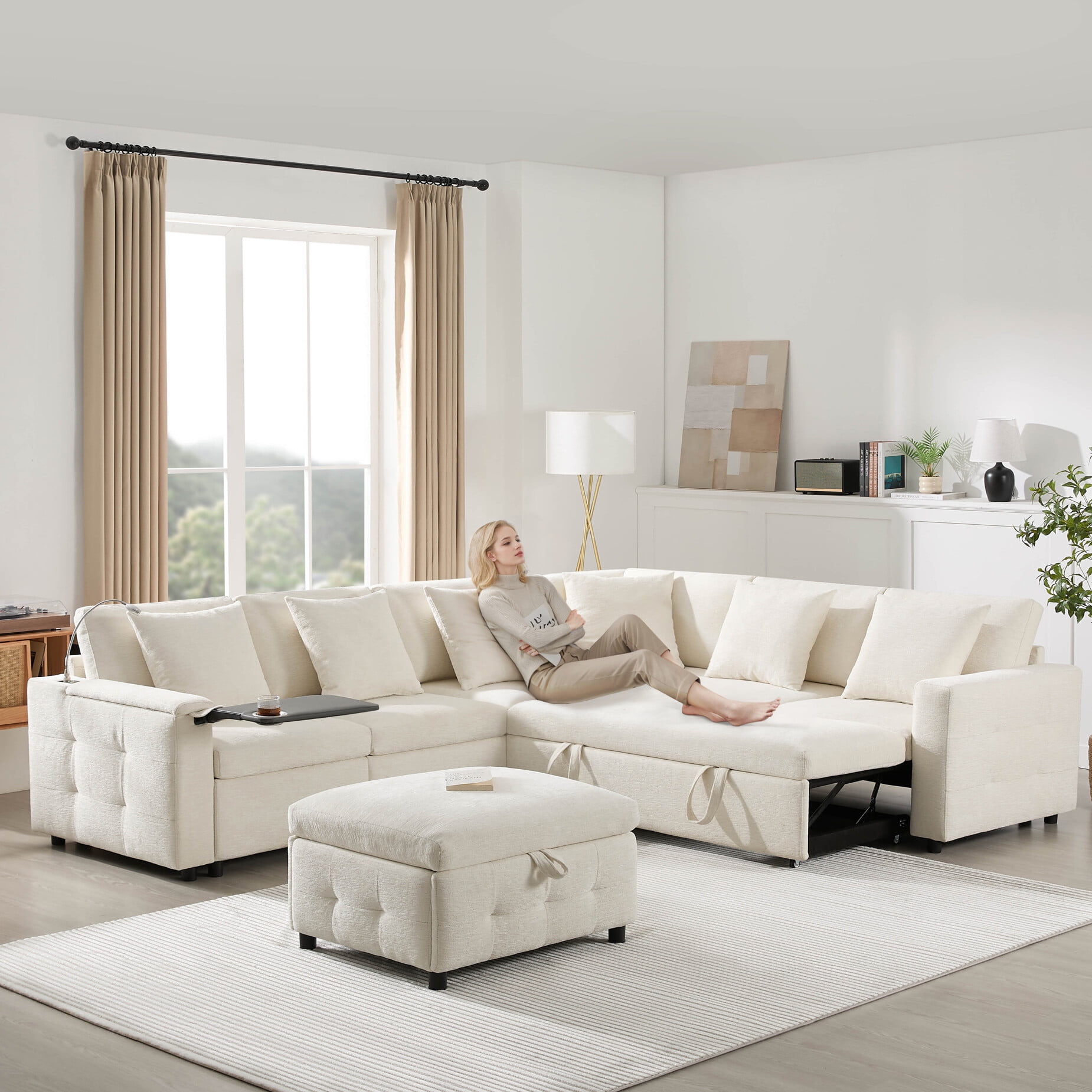 117'' Modular Sectional Pull-out Sofa Bed with Flip-up Table Panel ...