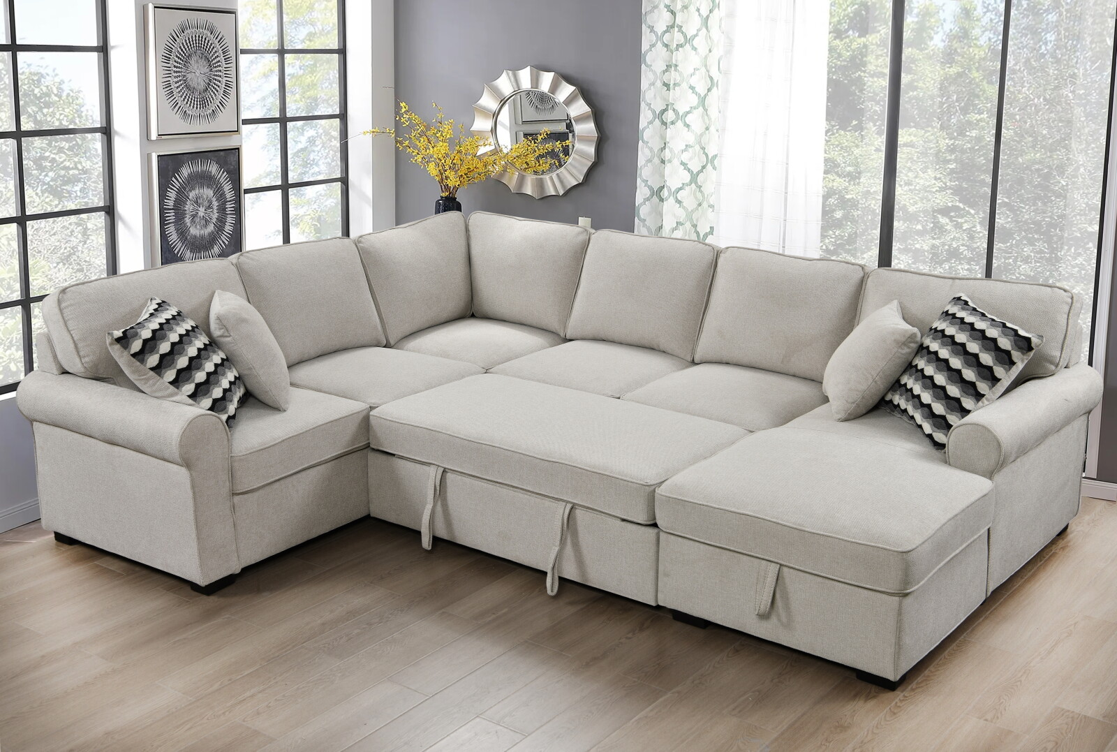 117" Oversized Sectional Sofa with Storage Chaise with 4 Throw Pillows ...