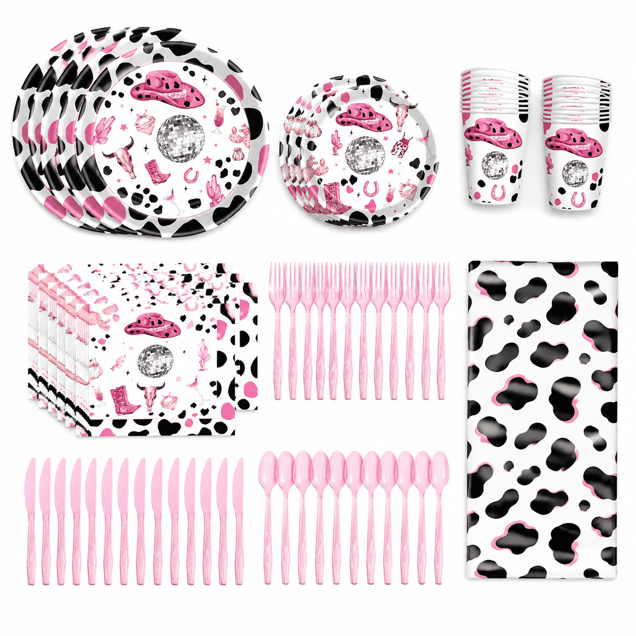 117 Pcs Disco Cowgirl Party Set, Western Theme Tableware with Cow Print ...