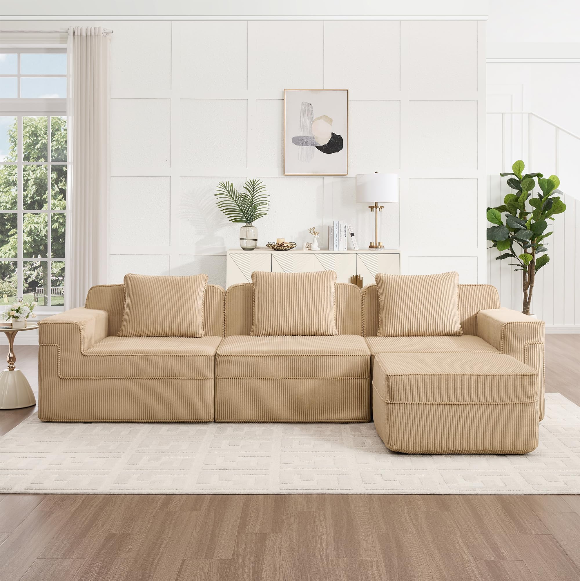 117" W Corduroy Sectional Boneless Couch with Movable Ottoman, No ...