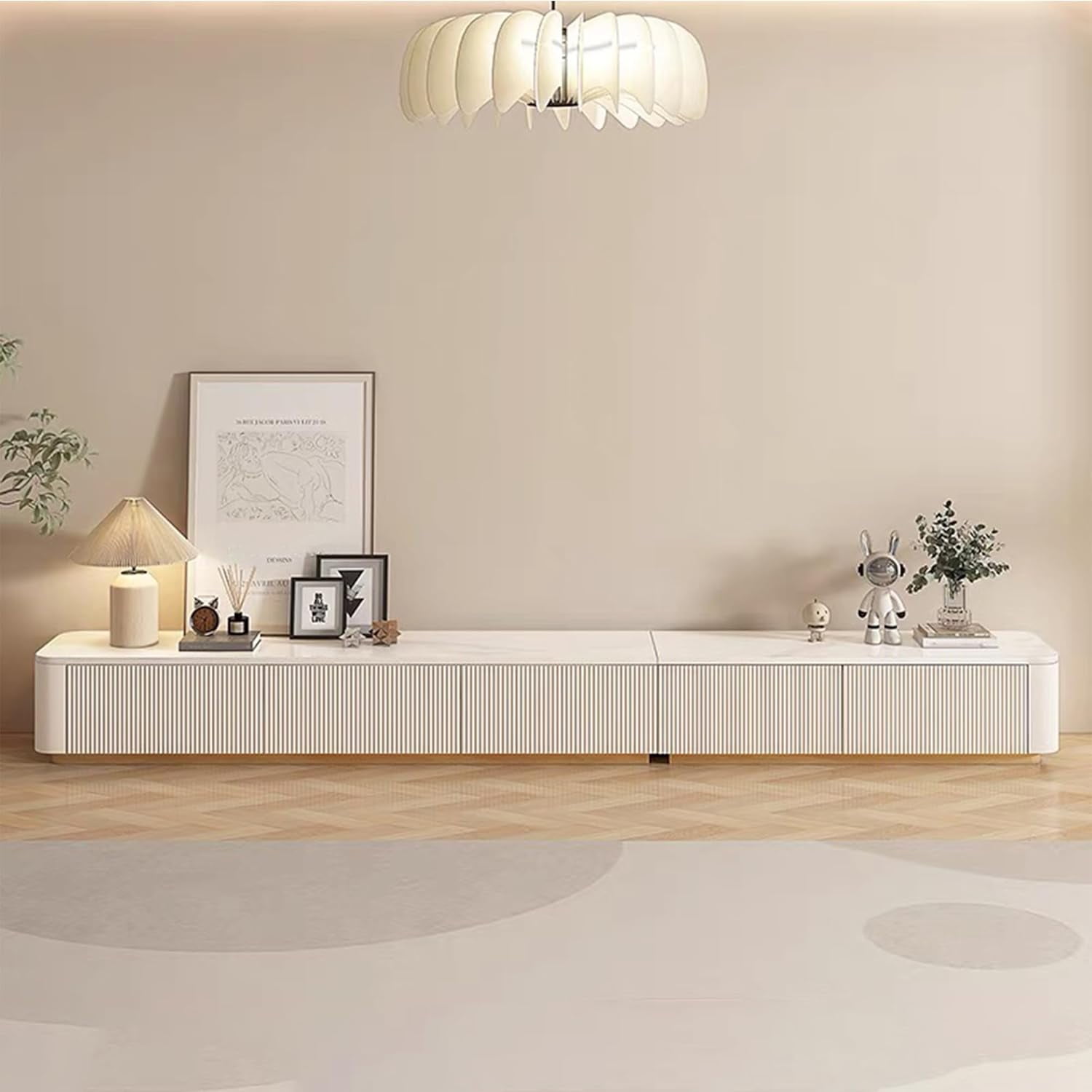 118 Inch Large Modern TV Stand for Living Room, Stone Top White ...