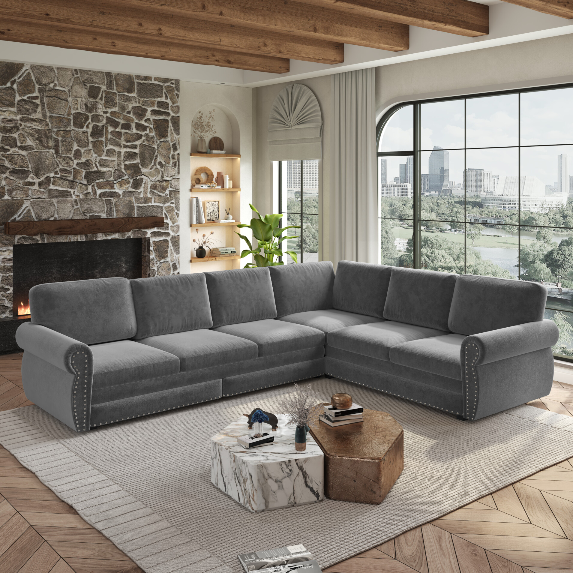 118" Modular Sectional Sofa with Pull Out Bed, Oversized L-Shaped Couch ...