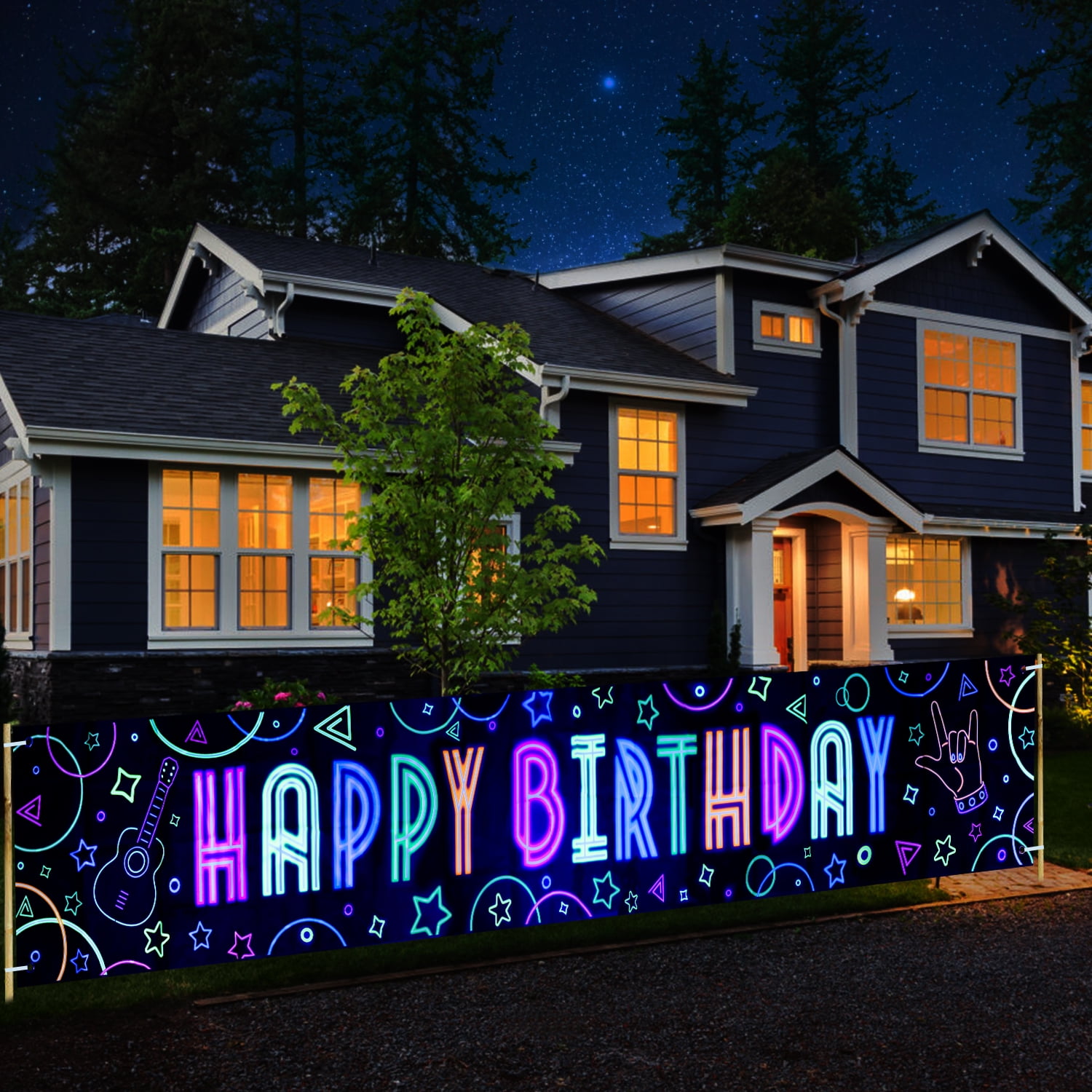 118 x 20 Inch Neon Happy Birthday Banner Glow Party Backdrop Hanging ...