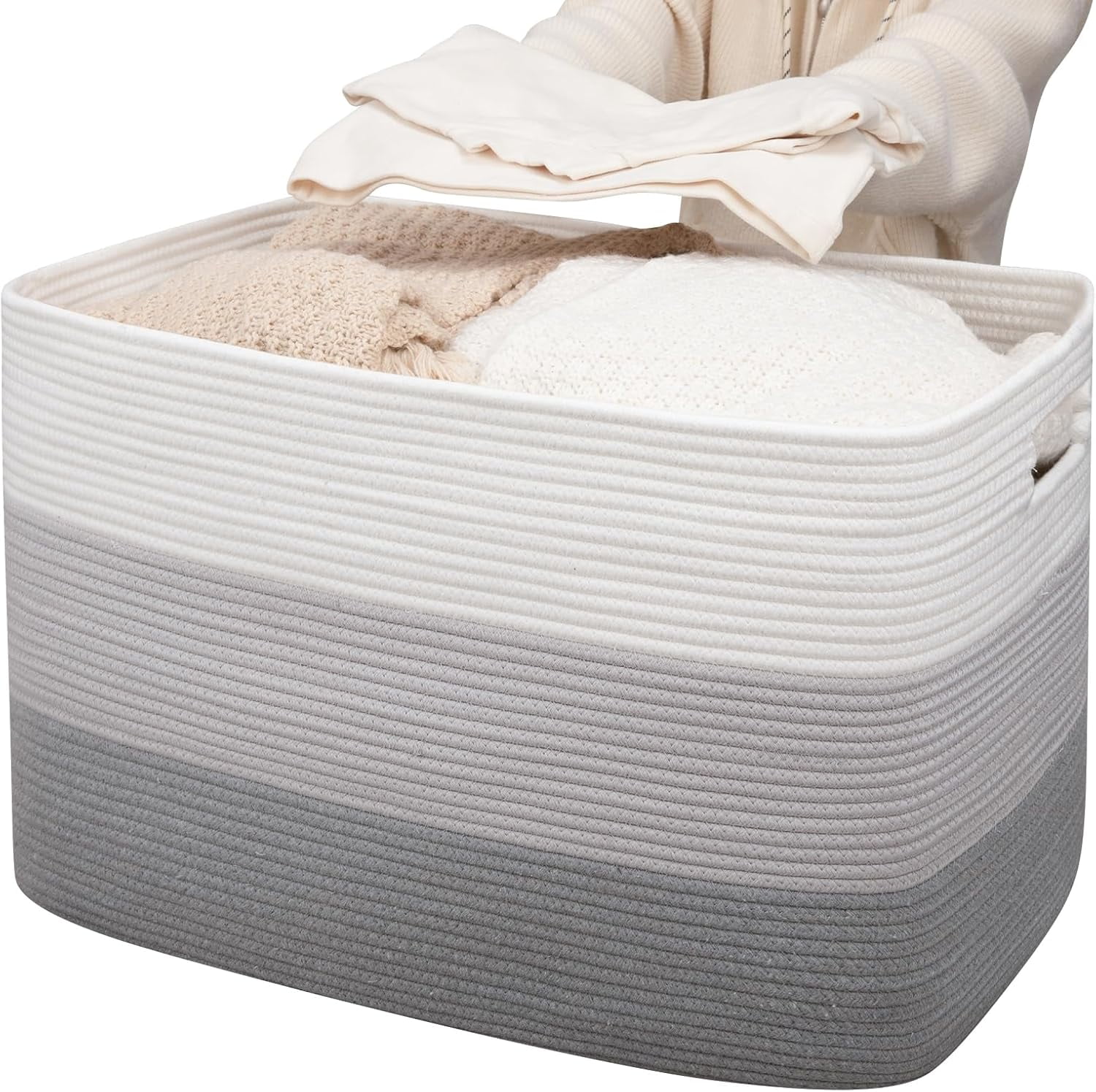118L Extra Large Blanket Basket, Rectangle Woven Cotton Rope Storage ...