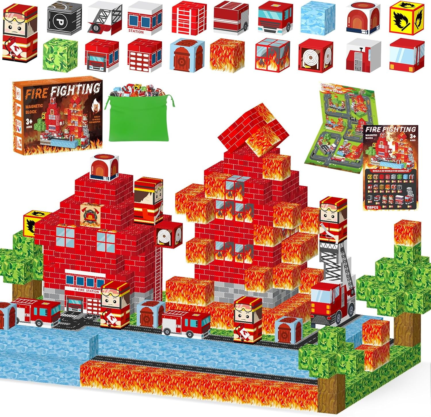 118PCS Magnetic Building Blocks - Build 3D Fire Station Construction ...
