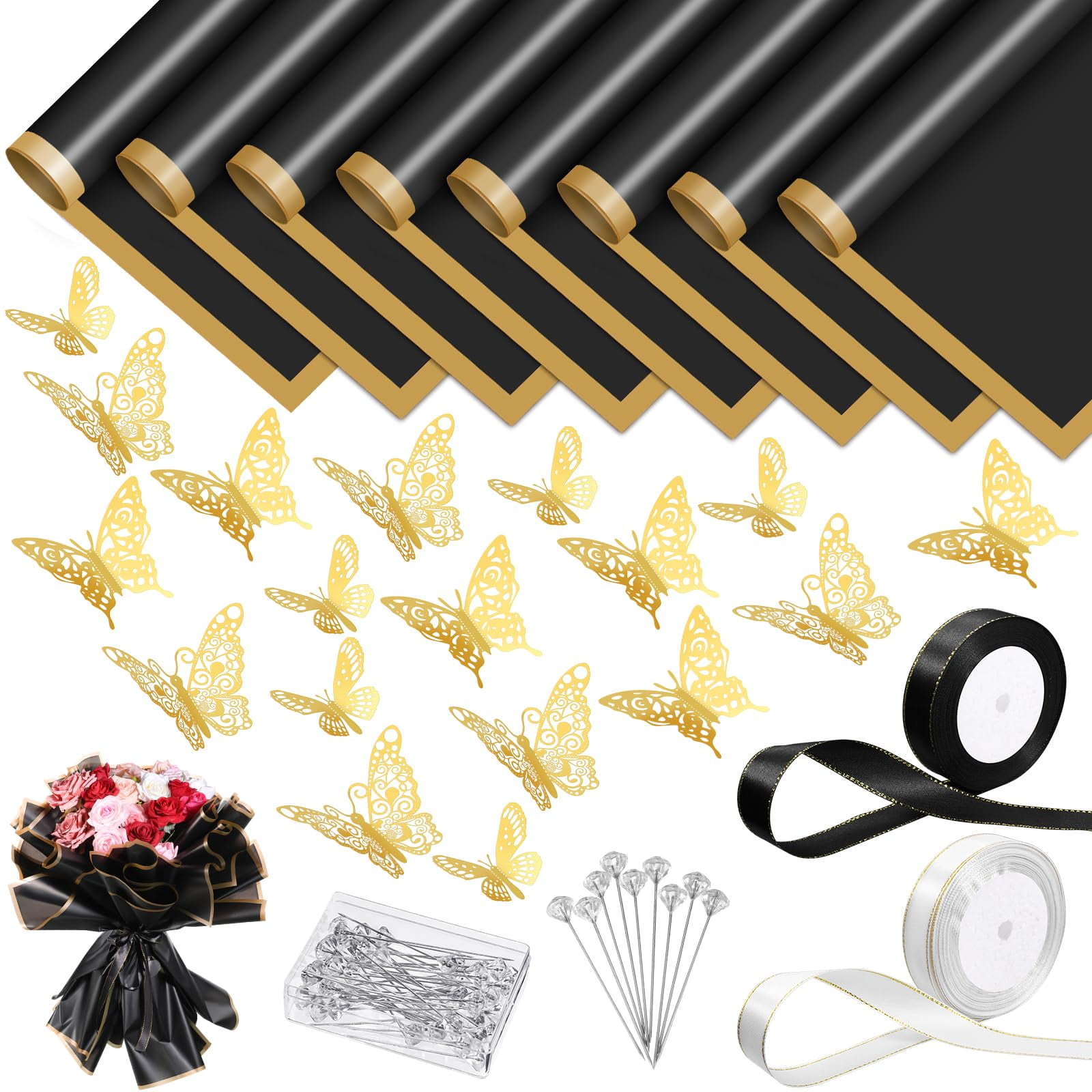 118Pcs Flower Bouquet Wrapping STF9 Paper Kits, 30 Sheets Black ...