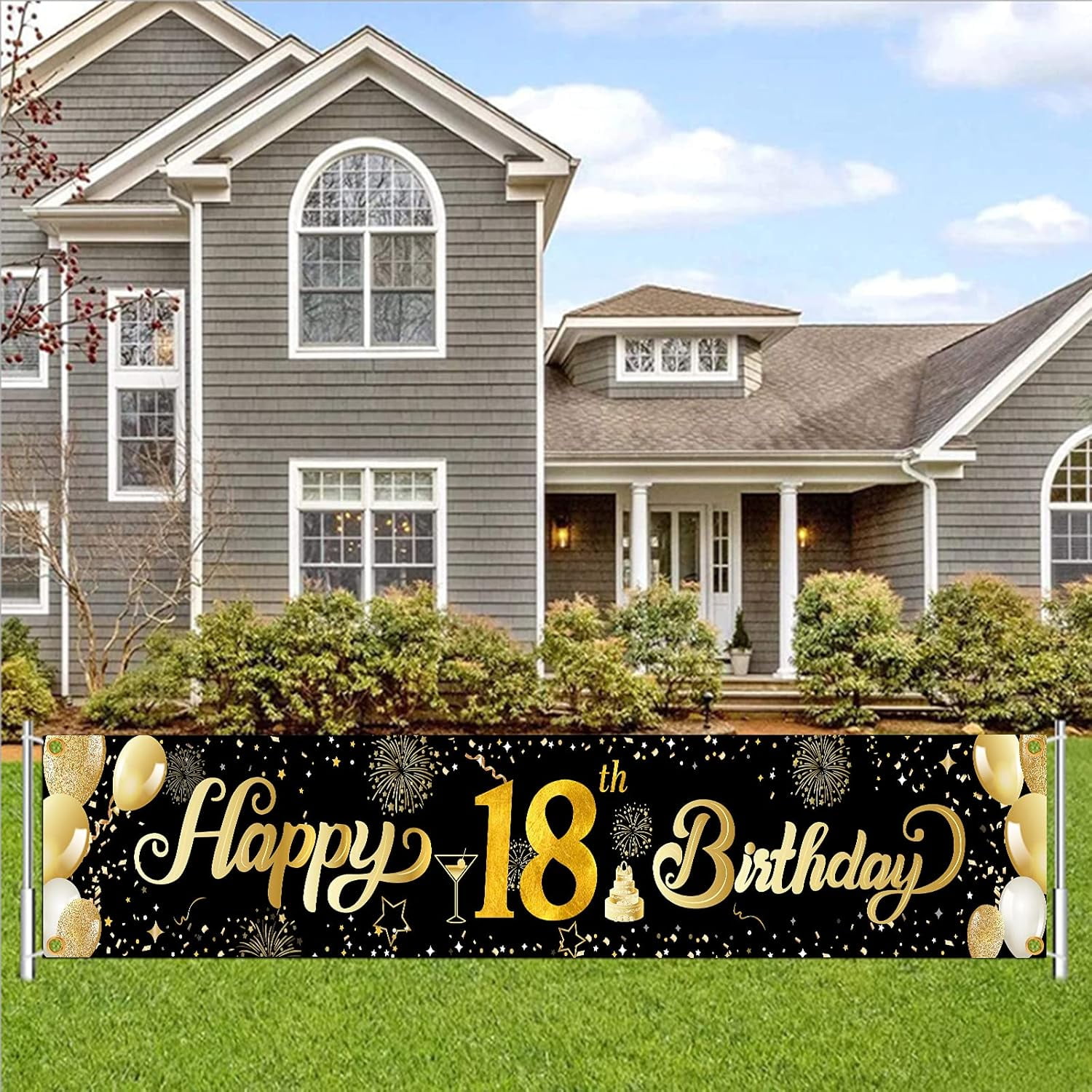 118x20inch Birthday Banners with Hanging Rope Black & Gold 18th ...