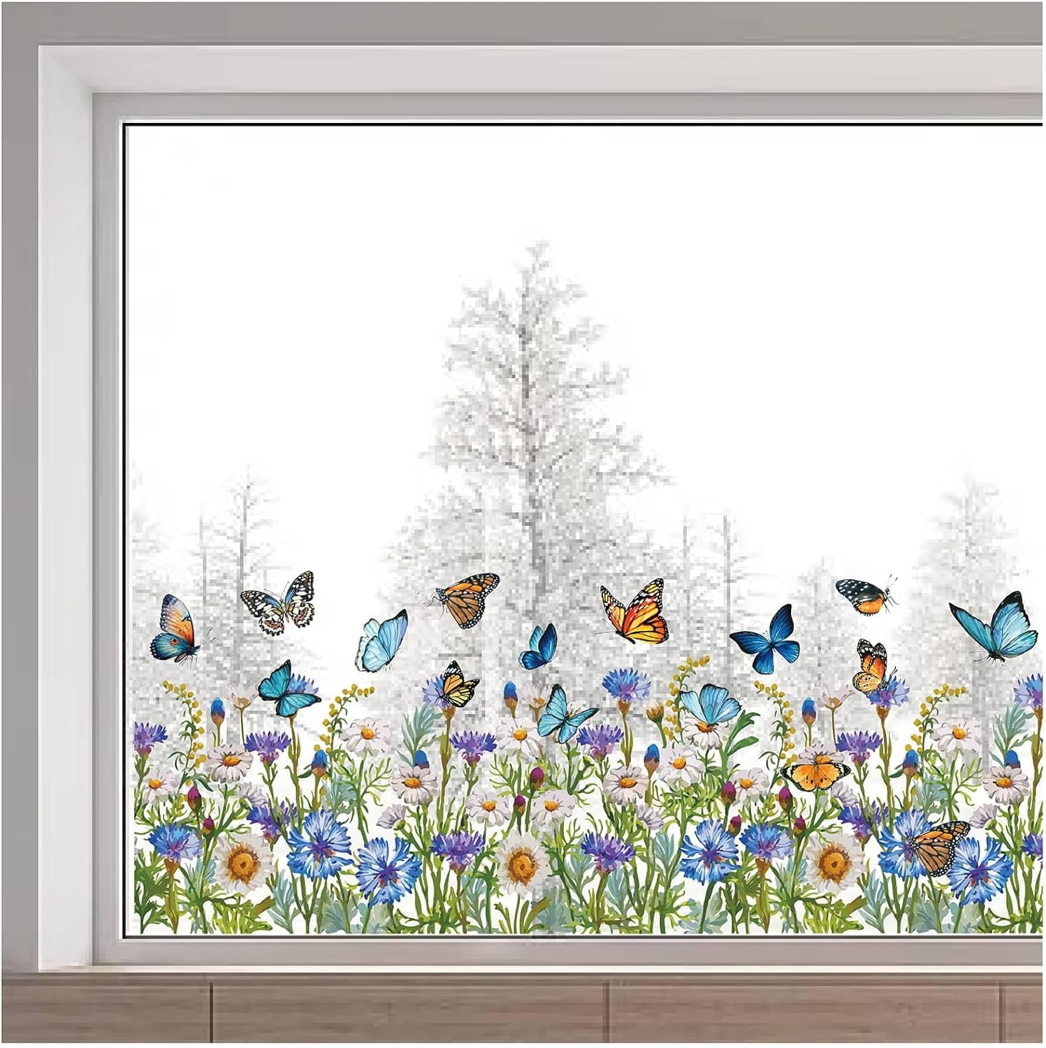 118x39cm Floral Window Decals Green Grass Daisy Flowers Butterfly ...