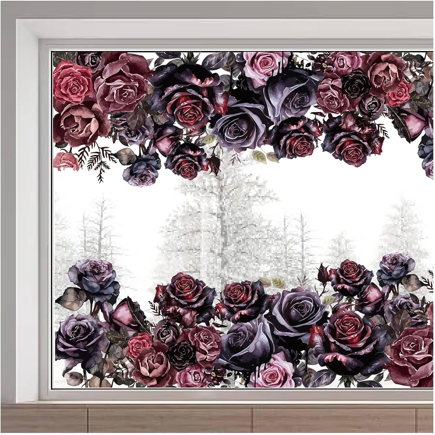 118x39cm Large Rose Window Decals Dark Roses Flower Window Clings ...