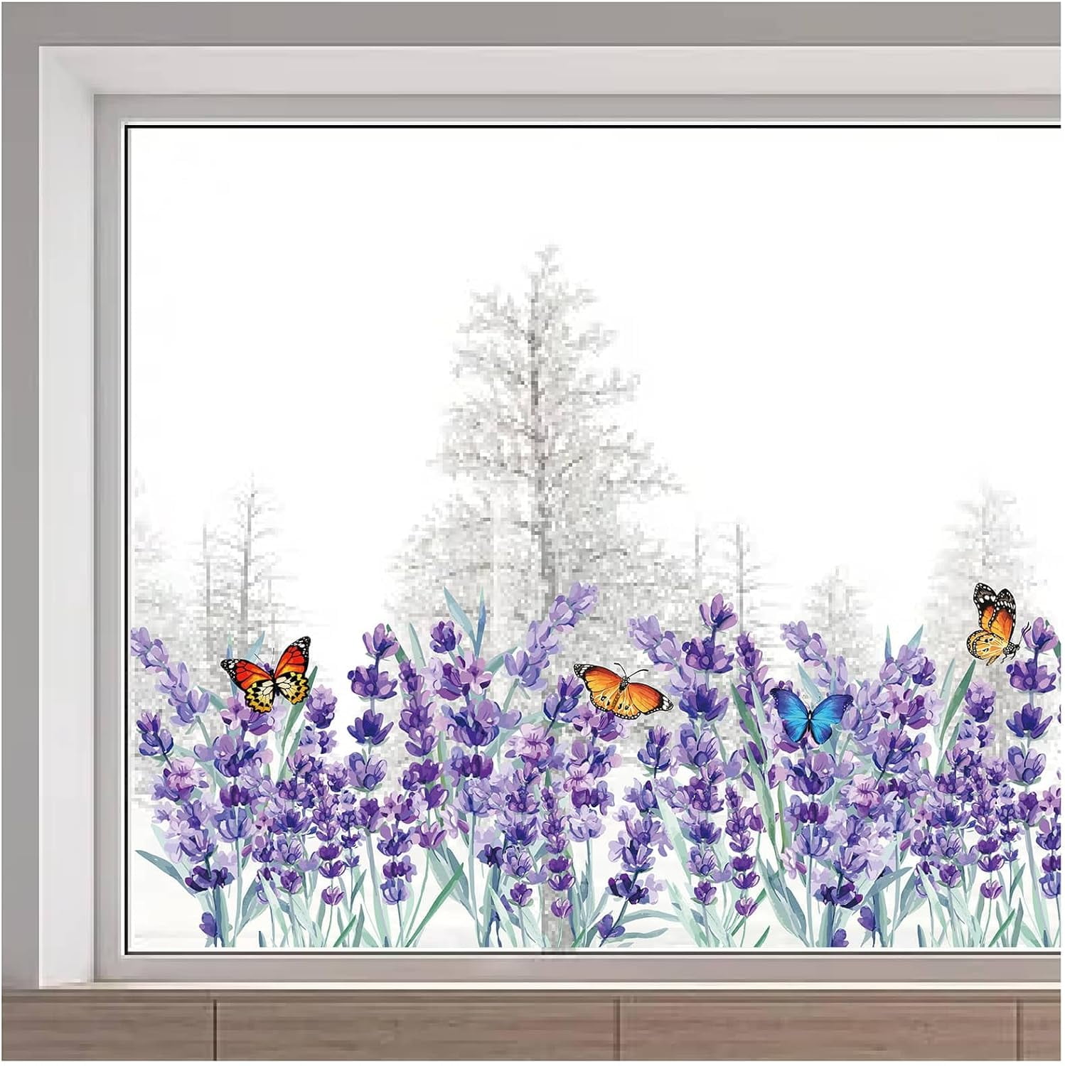 118x39cm Lavender Window Clings Summer Purple Flowers Grass Butterfly ...