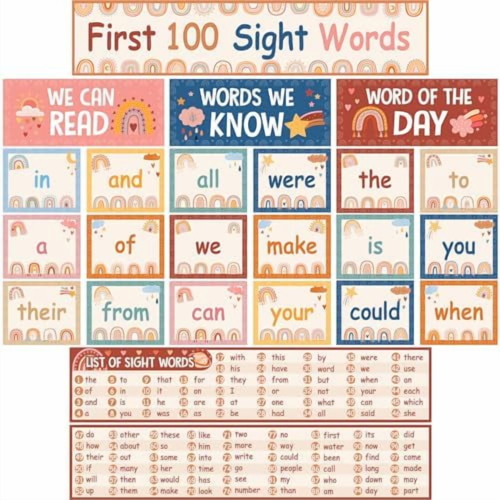 119 Pcs Boho Sight Words Pocket Chart Cards - First 100 Rainbow Word ...