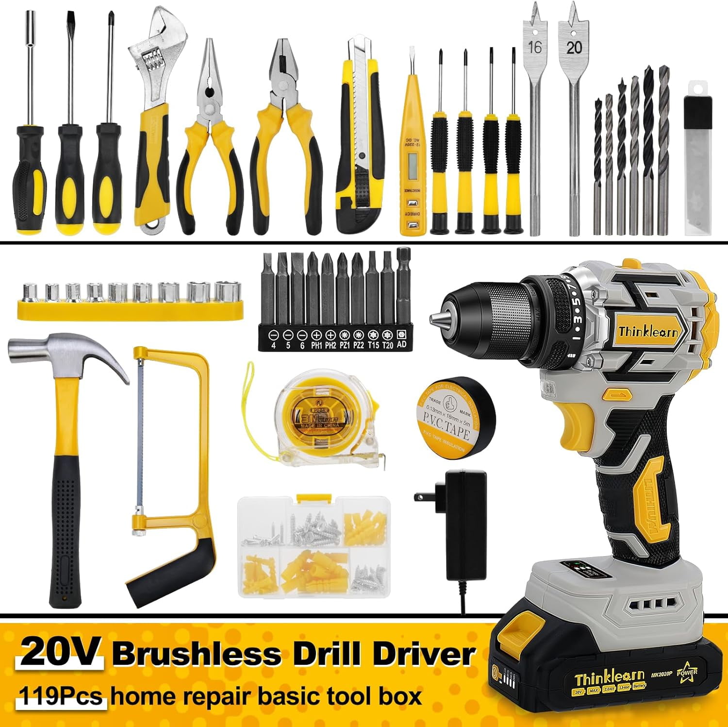 119 Pcs Cordless Drill Tool Kit Set; 20V Brushless Power Drill with 2 ...