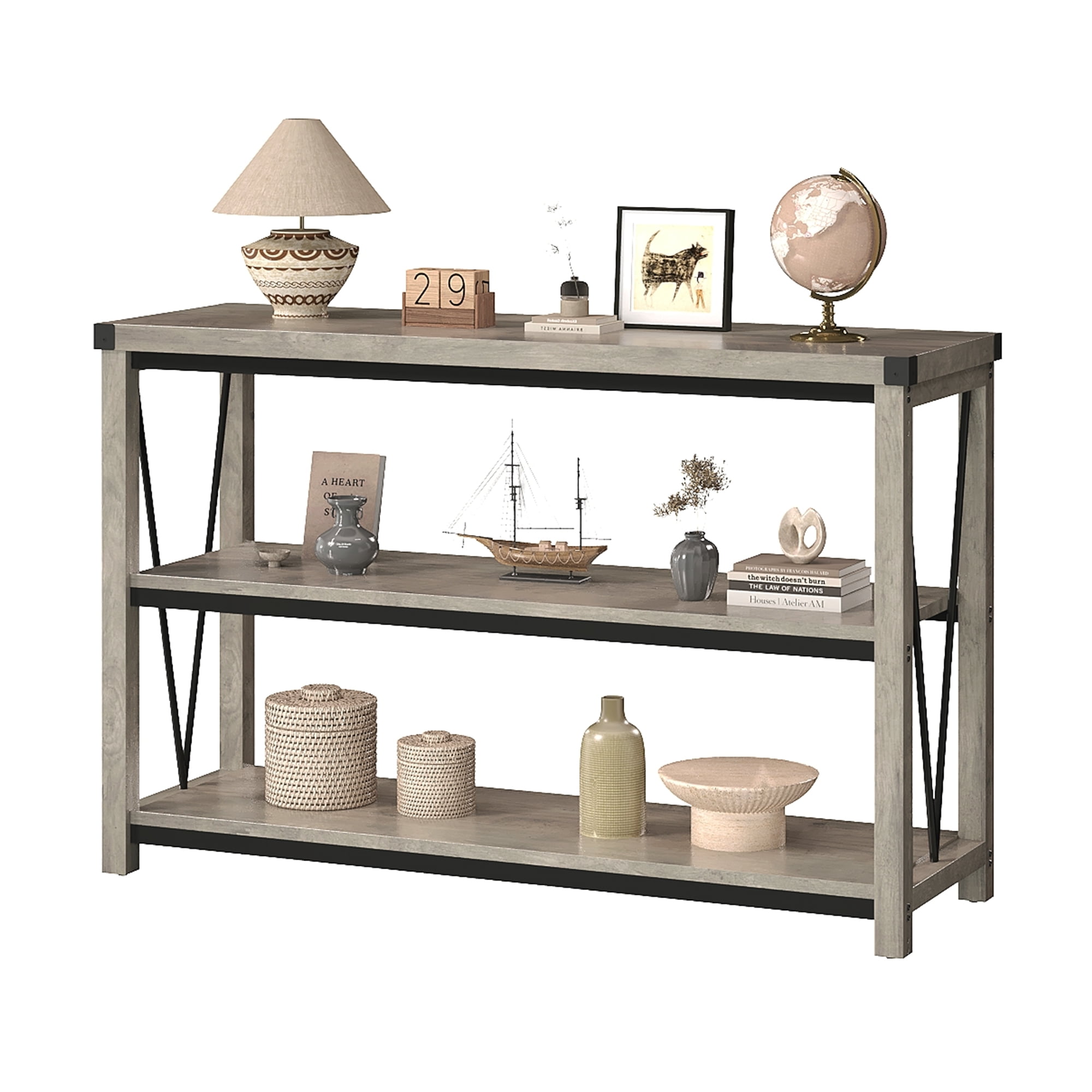 119 cm Narrow Farmhouse Console Table with Storage – 3-Tier Wooden ...
