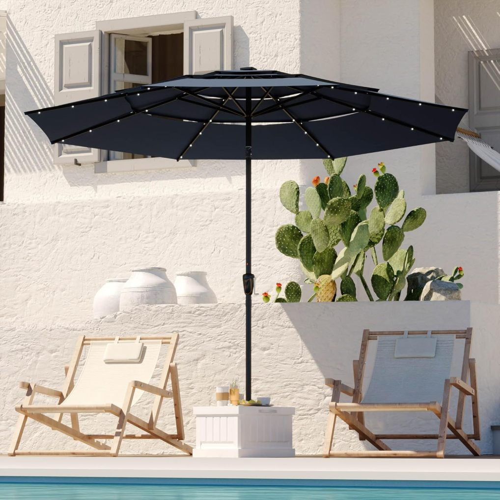 11FT Outdoor Patio Umbrella with Solar Lights, Beach Market Table Sun Parasol Umbrella with 3 ...