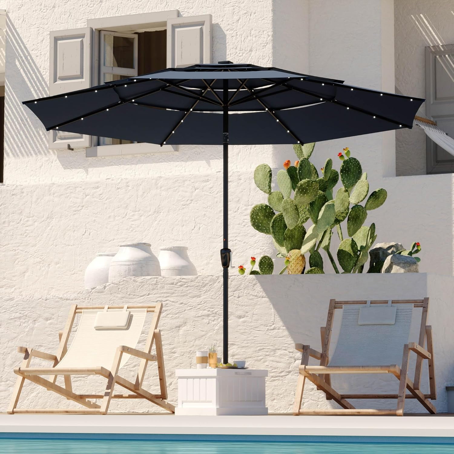 11FT Outdoor Patio Umbrella with Solar Lights, Beach Market Table Sun ...