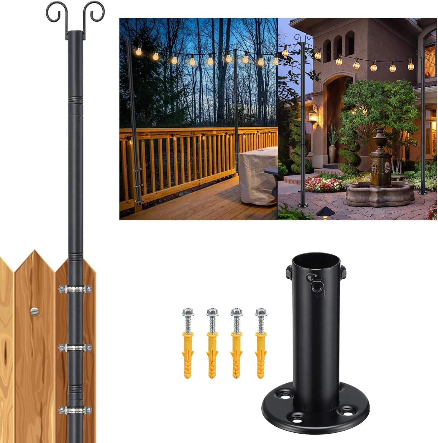 11FT Outdoor String Light Pole with Flange Fence Clips & Base, Heavy ...