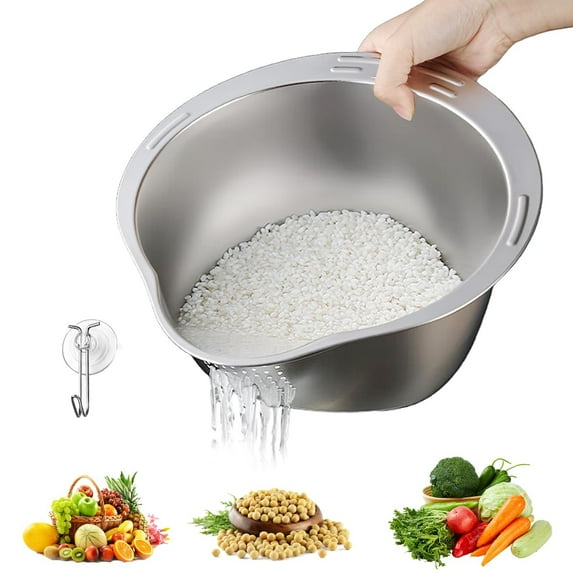 11In Stainless Steel Rice Washing Bowl Strainer with Pouring Spout for ...