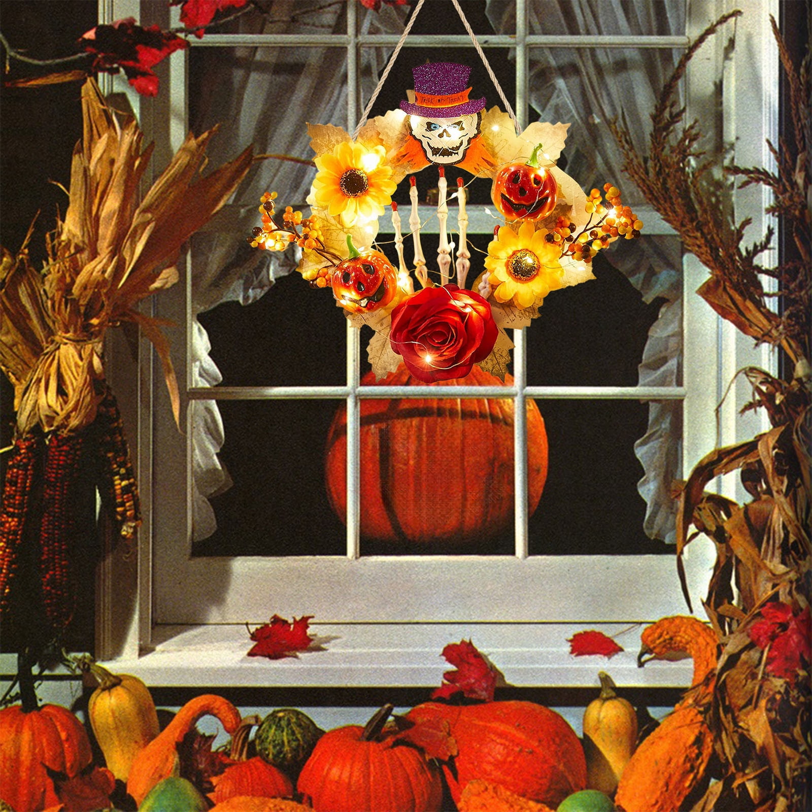 11Inch Artificial Maple Leaf Pumpkin Fall Wreath with Skull Fall ...