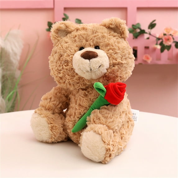 11Inch Valentines Beige Teddy Bear Holding Rose Stuffed Animals Plush ...