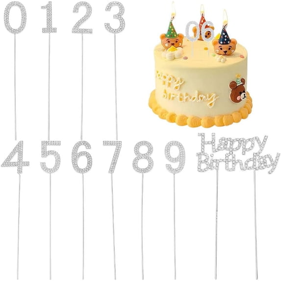 11PCS Happy Birthday Cake Topper Silver Metal Rhinestone Cake ...